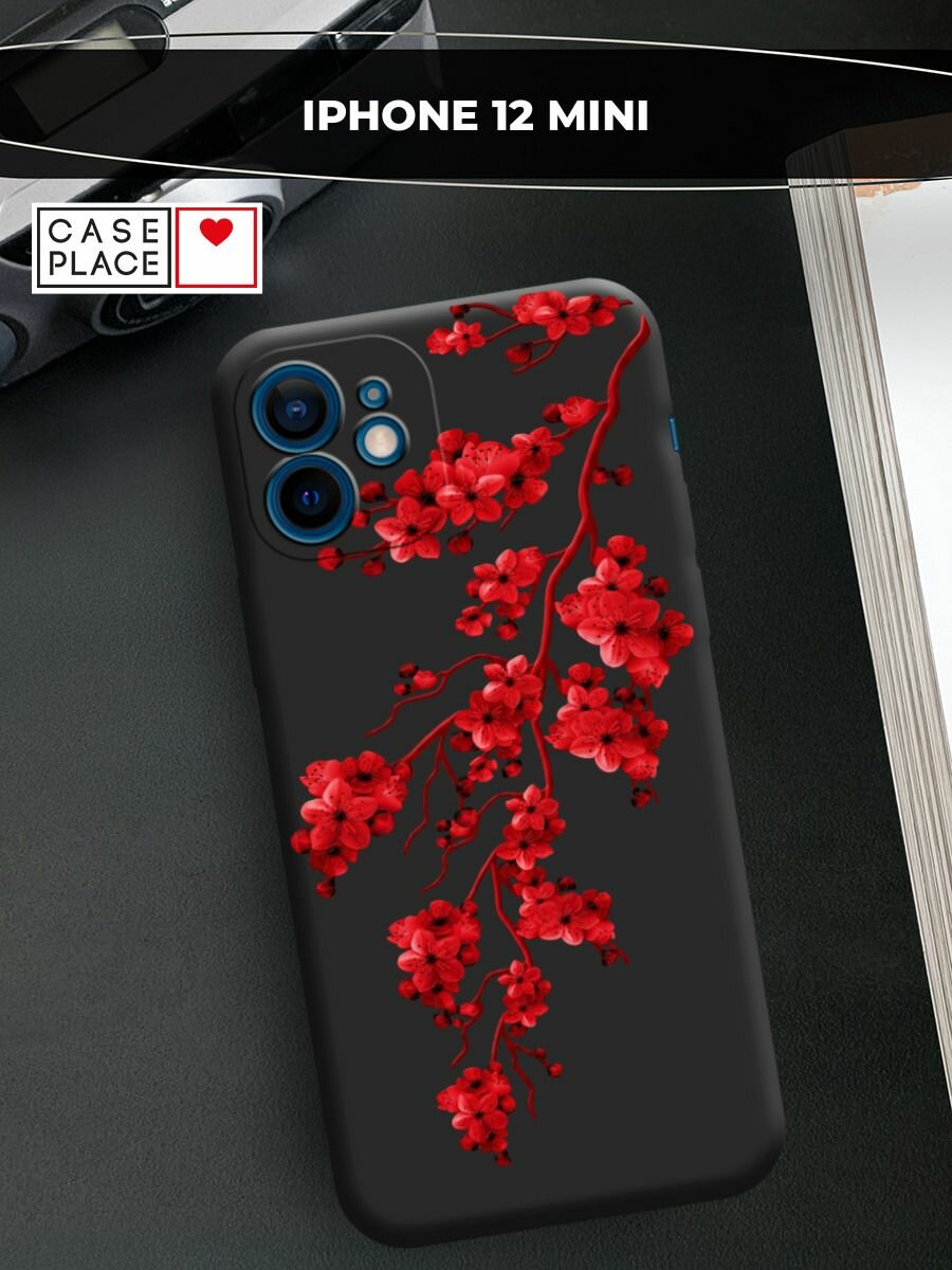 Чехол на Apple iPhone 12 mini / Айфон 12 мини с принтом Красная веточка сакуры
