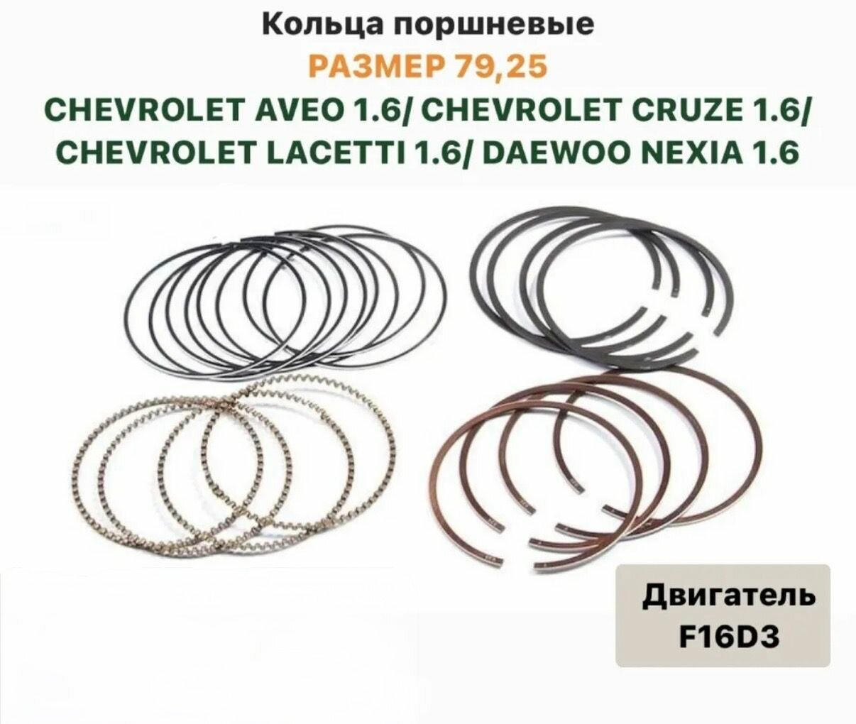 Кольца поршневые размер 79,25 CHEVROLET AVEO 1.6 CRUZE 1.6 LACETTI 1.6 DAEWOO NEXIA 1.6 Авео
