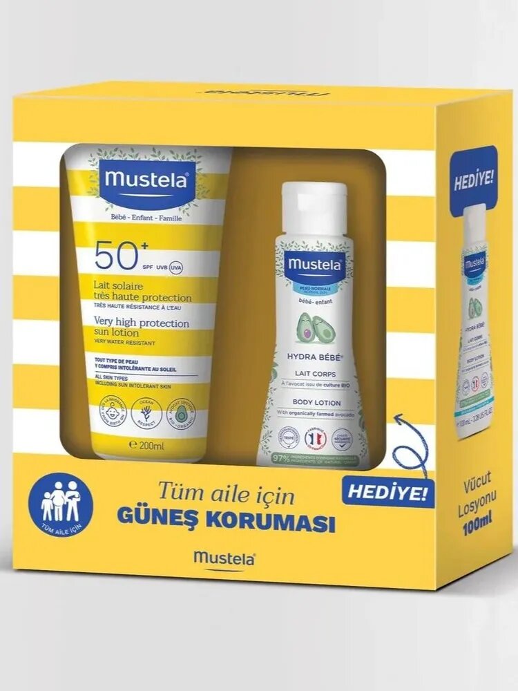Mustela Солнцезащитный лосьон SPF 50, 200 мл + Увлажняющий лосьон Hydra B b , 100 мл набор для защиты и ухода за кожей детей
