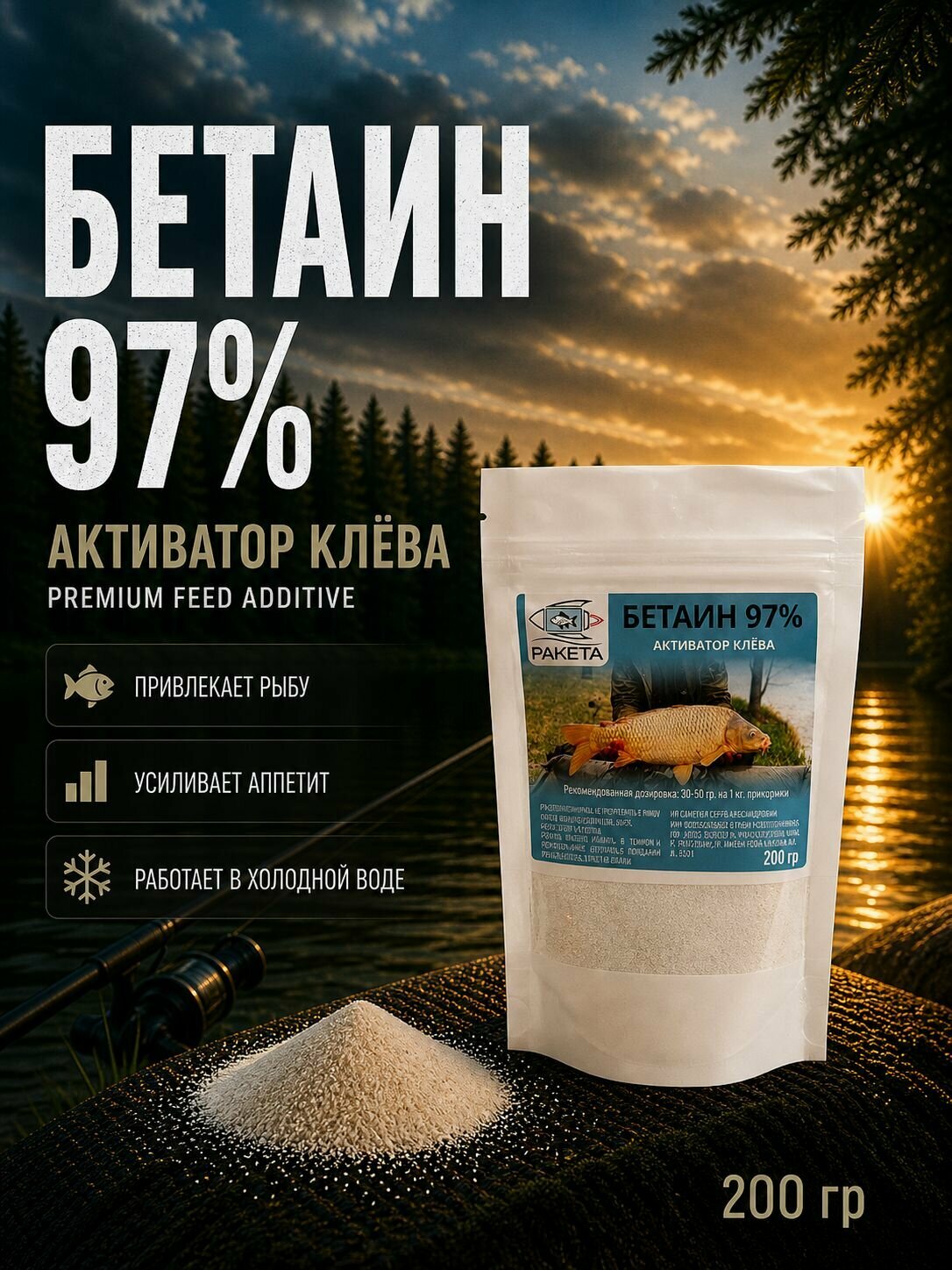 Активатор клева бетаин 97% для рыбалки "ракета" 200 гр
