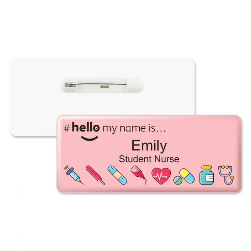 Значок врача из акрила розовый "Hello My Name Is", 7 x 2.5 см, 2 шт, для врачей, медсестер, студентов