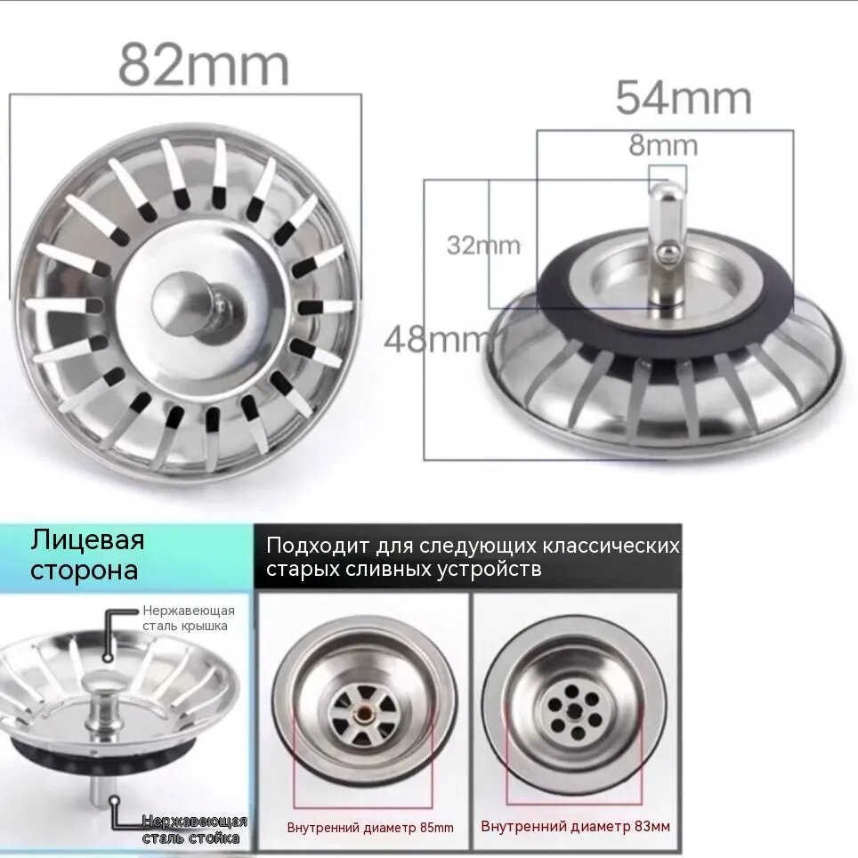 82mm/Заглушка-сетка для раковины из нержавеющей стали, универсальный сливной клапан 3.5 дюйма, противозаторная решетка и пробка для кухонной мойки, защита от засоров