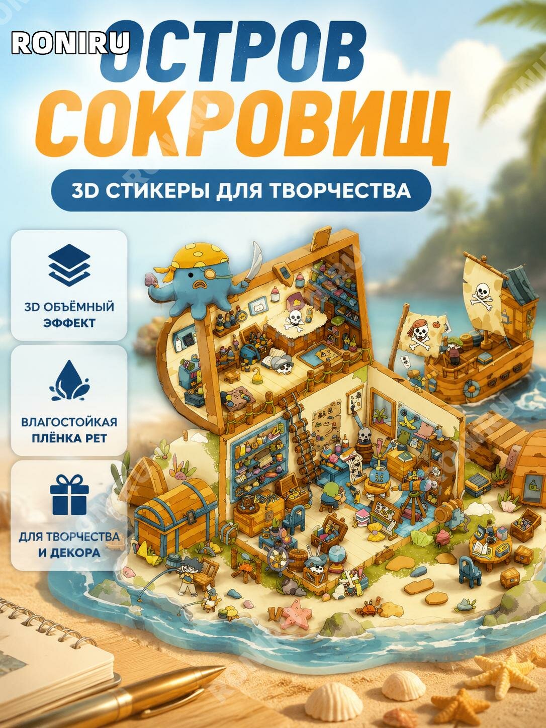 3D наклейки для декора «Остров сокровищ», PET, 21 х 29,6 см