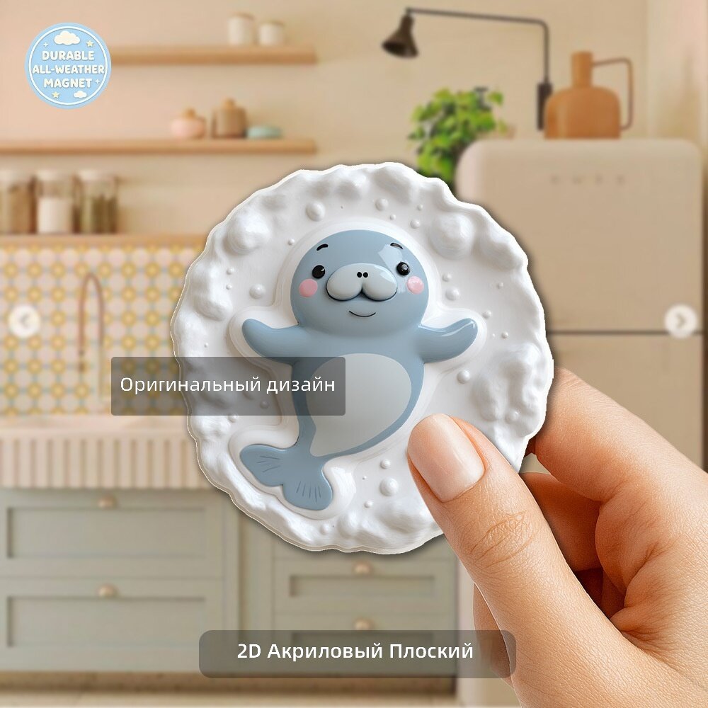 2D плоская акриловая магнитная наклейка с мультяшным ламантином, весёлым выражением и волшебными пузырьками, 8 см