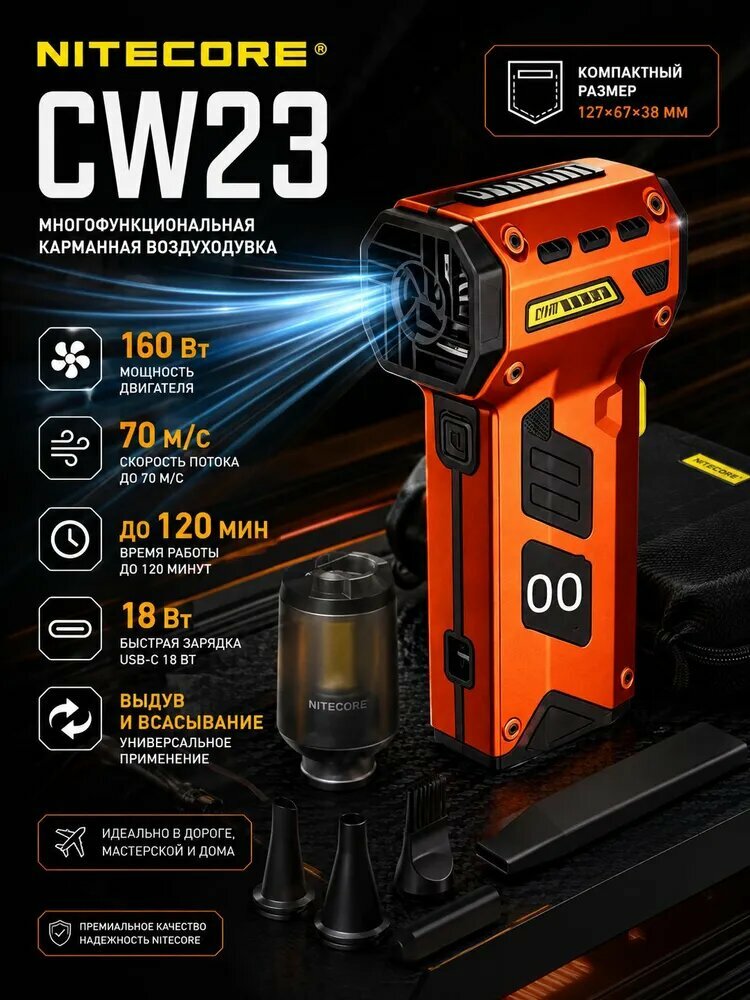 Портативный вентилятор NITECORE CW23, 5 режимов работы, до 2 ч, оранжевый