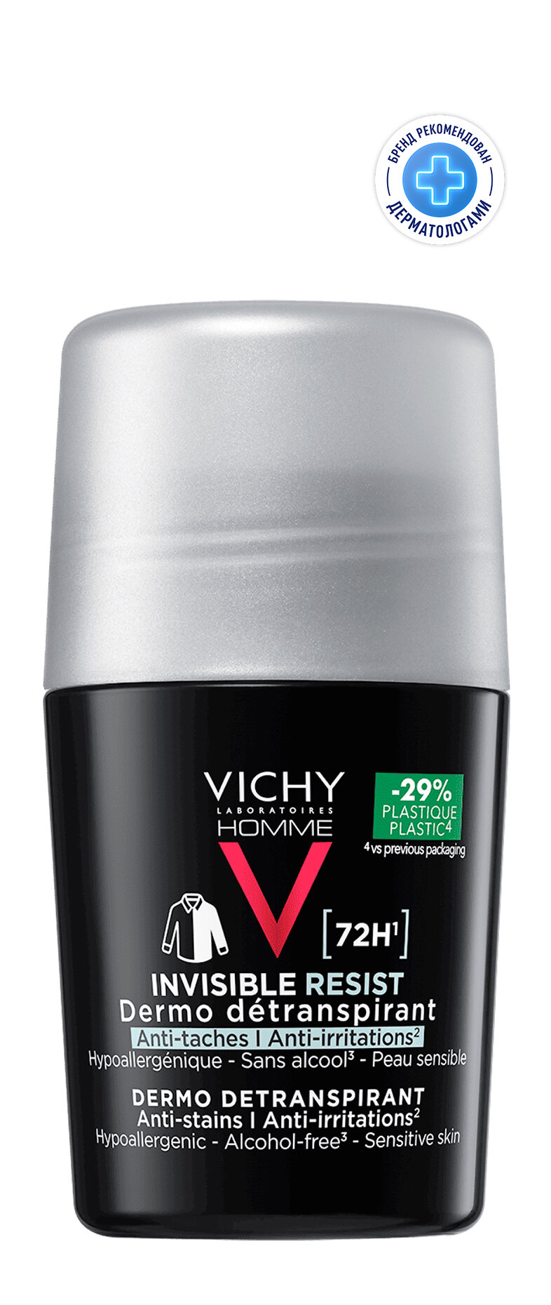 Vichy Homme Invisible Мужской шариковый дезодорант-антиперспирант, защита от пота 72 часа, 50 мл
