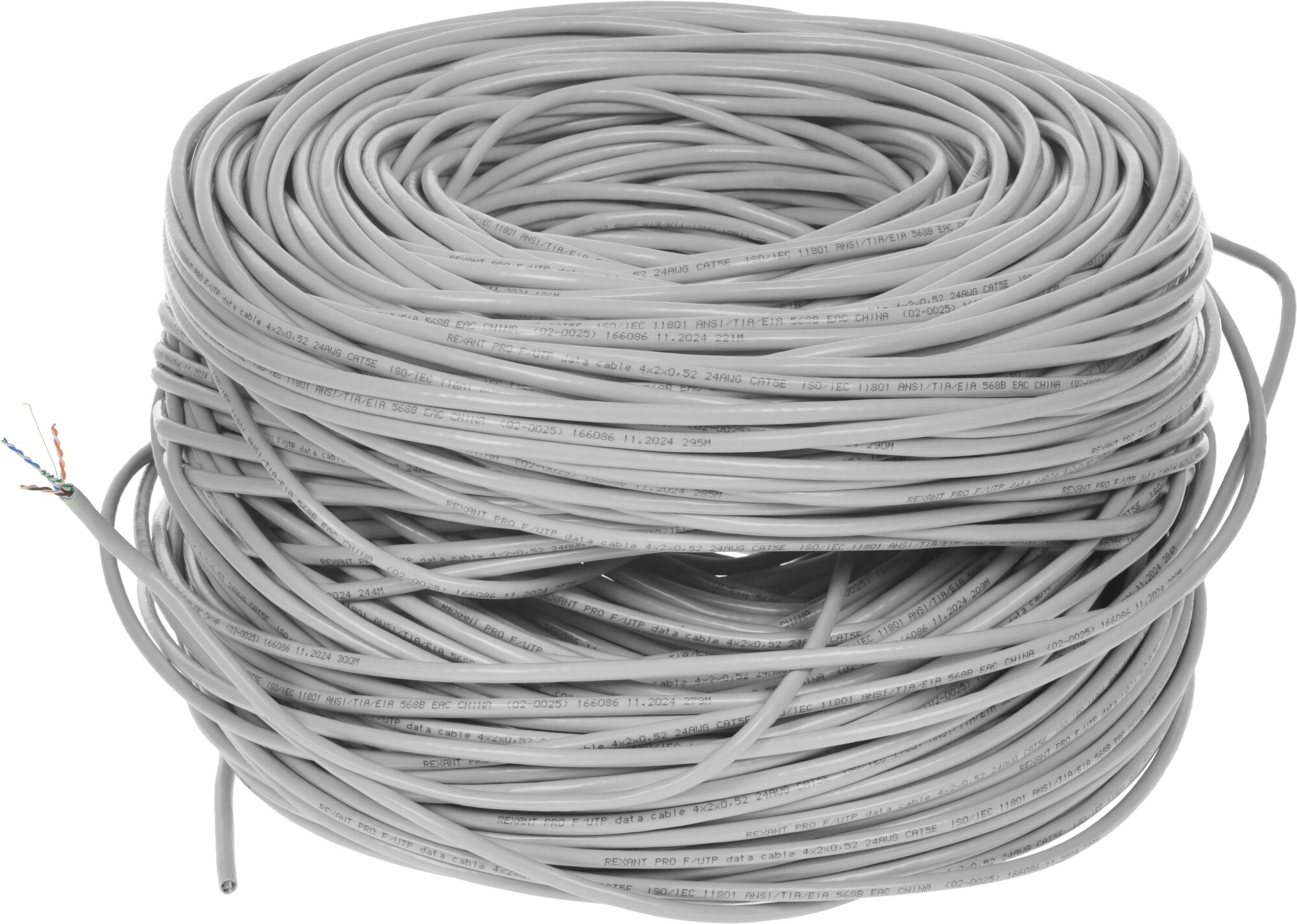 Rexant (02-0025 ) Кабель витая пара F/UTP, CAT 5e, PVC, 4х2х0,52 мм, 24AWG, внутренний, однопроволочный, серый, 305м