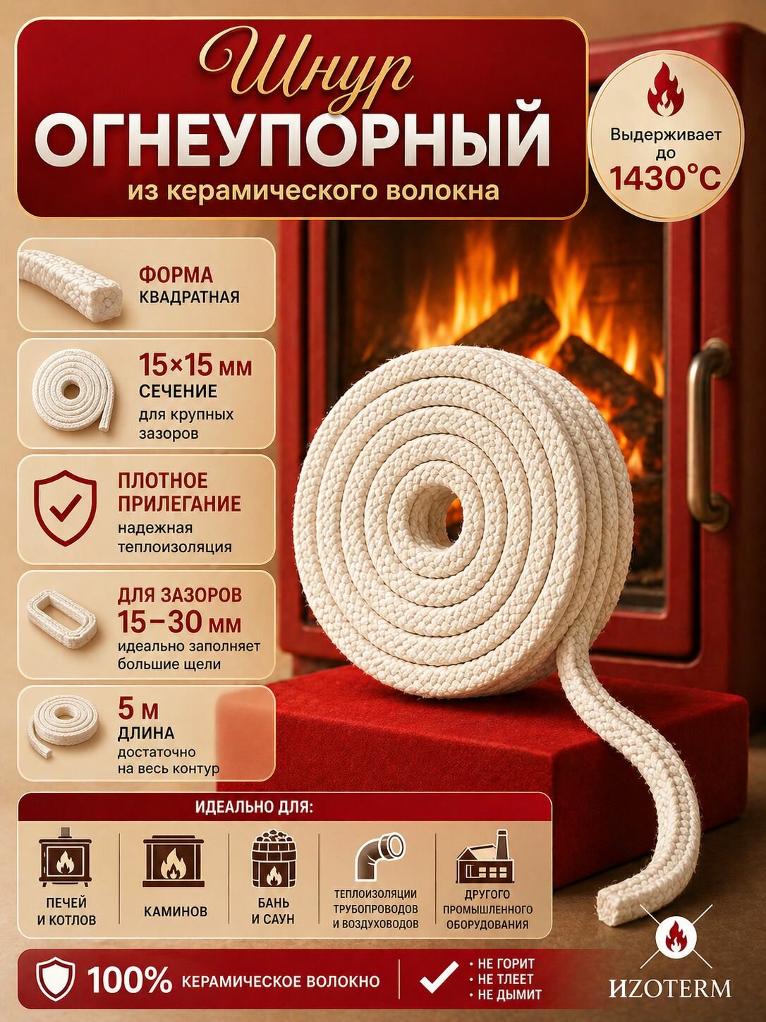 Огнеупорный керамический шнур 15x15 мм для печей и каминов, 5 м жаростойкий шнур термостойкий шнур печной шнур каминный шнур