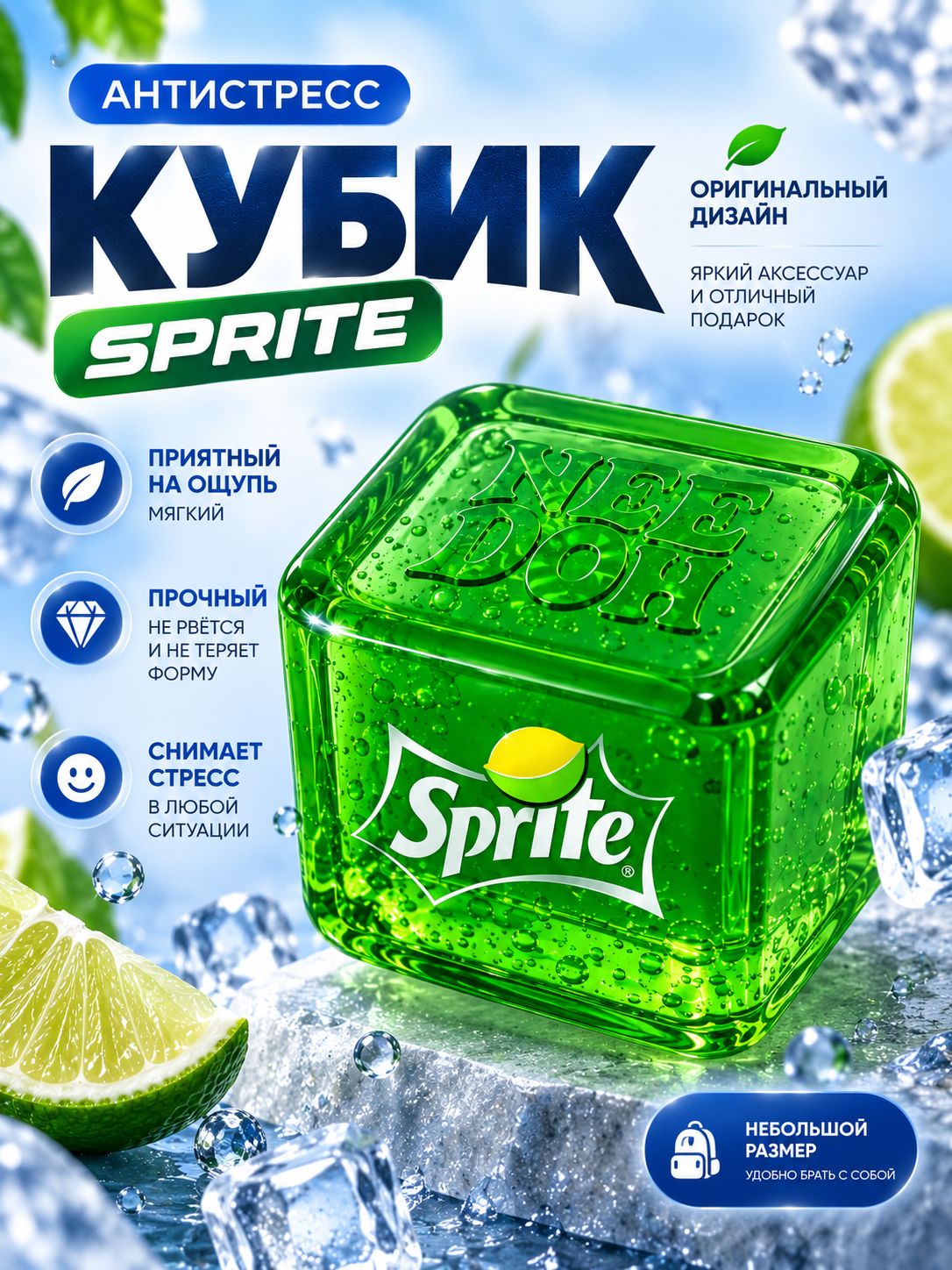 Антистресс кубик в стиле Sprite, мягкий эластичный сквиш, NeeDoh подарок для детей и взрослых