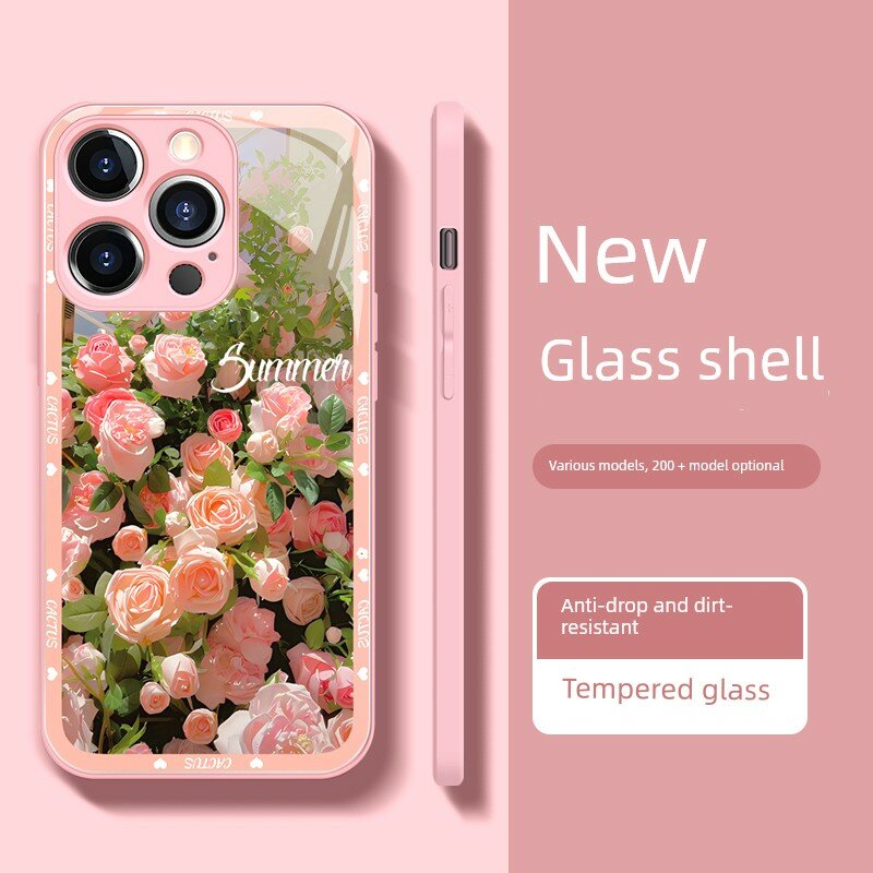 Одиночный чехол из закаленного стекла для iPhone 13 Pro с розовой цветочной композицией