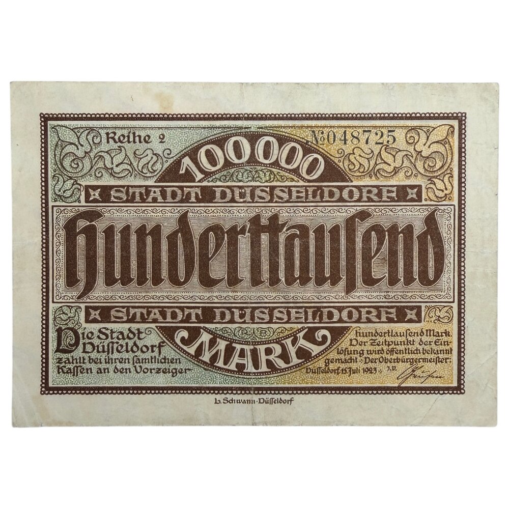 Германия (Веймарская республика) Дюссельдорф 100000 марок 1923 г. (15.07) (ВЗ - Furchen) (Серия 2)