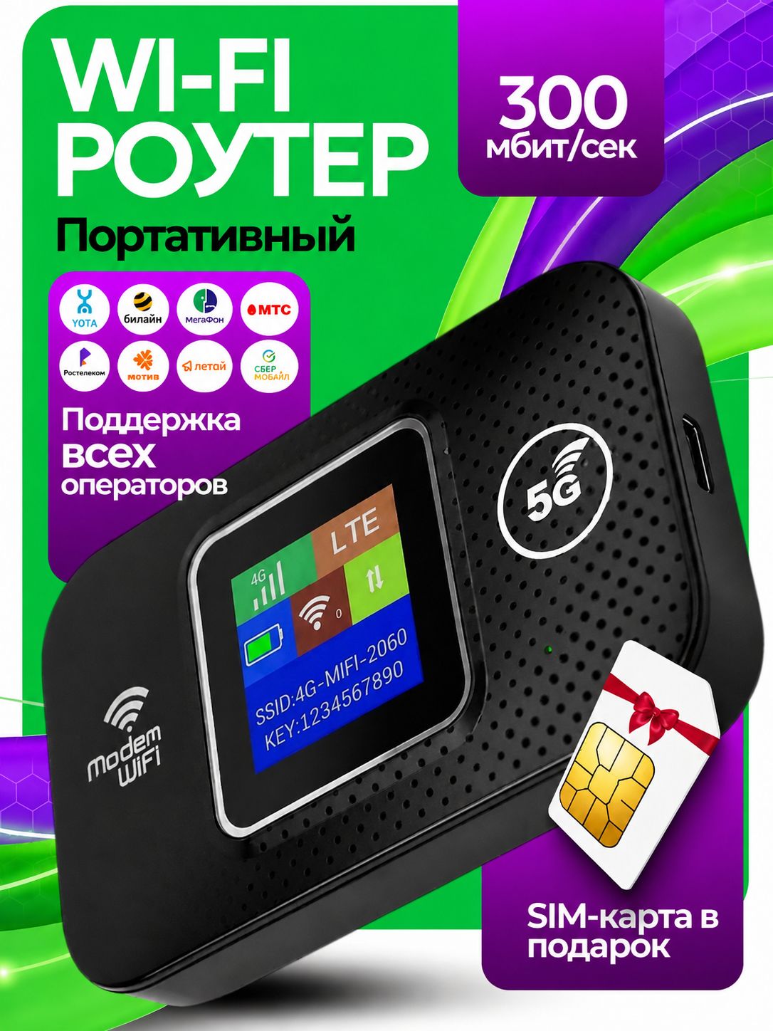 Роутер портативный Wi-Fi 4G/5G с экраном и SIM-картой, 300 Мбит/с. черный (MМ1)