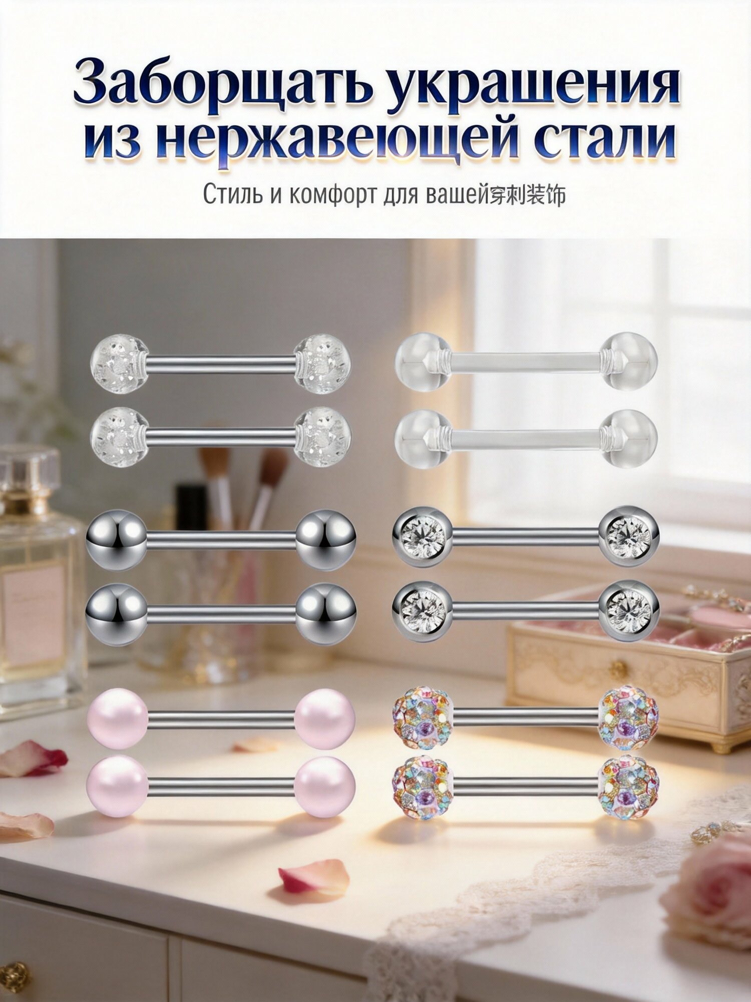 ZS набор штанг для пирсинга языка, комплект из 6 пар 316L нержавеющей стали 14G 1.6 мм стержень 12 мм шарики 5 мм в серебристом и черном цветах