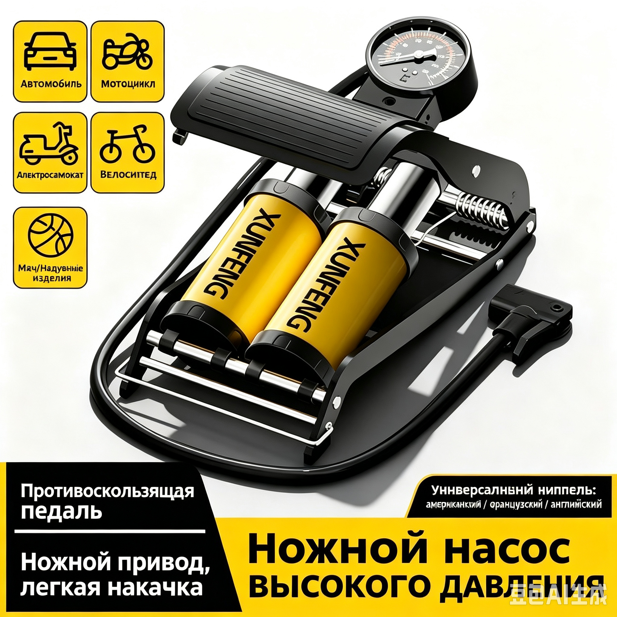 Ножной насос с двумя цилиндрами, манометр, универсальные насадки, сплав рама, складной