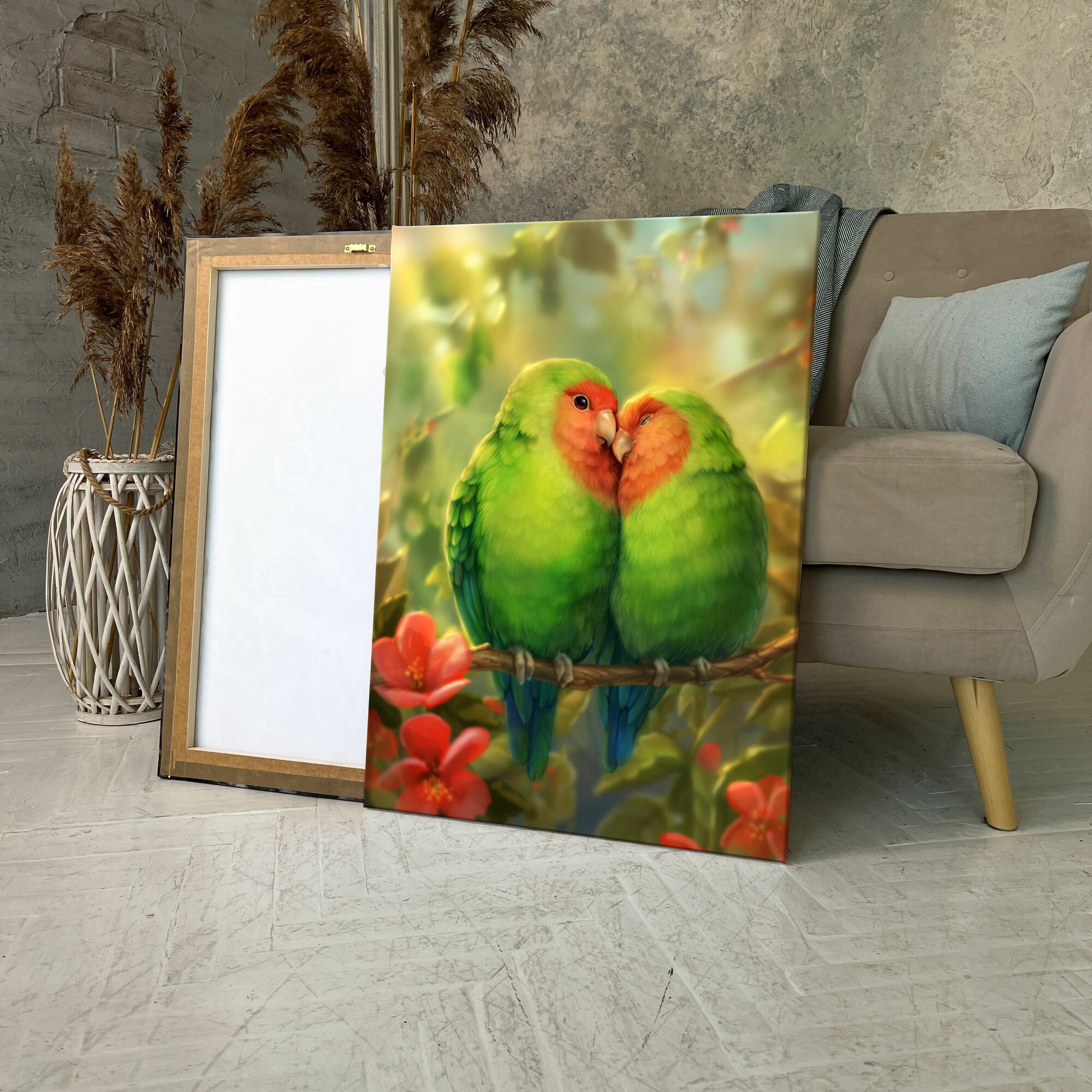 Картина на холсте (попугайчики неразлучники милые) 20x30 см/для интерьера/в комнату/на стену/в подарок