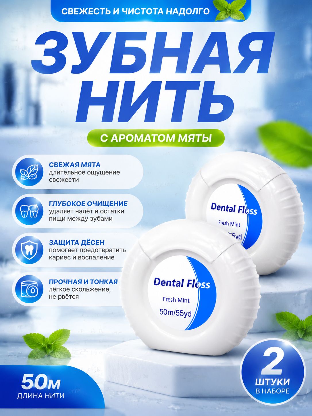 Зубная нить 2 шт вощеная тонкая со вкусом мяты 100 метр