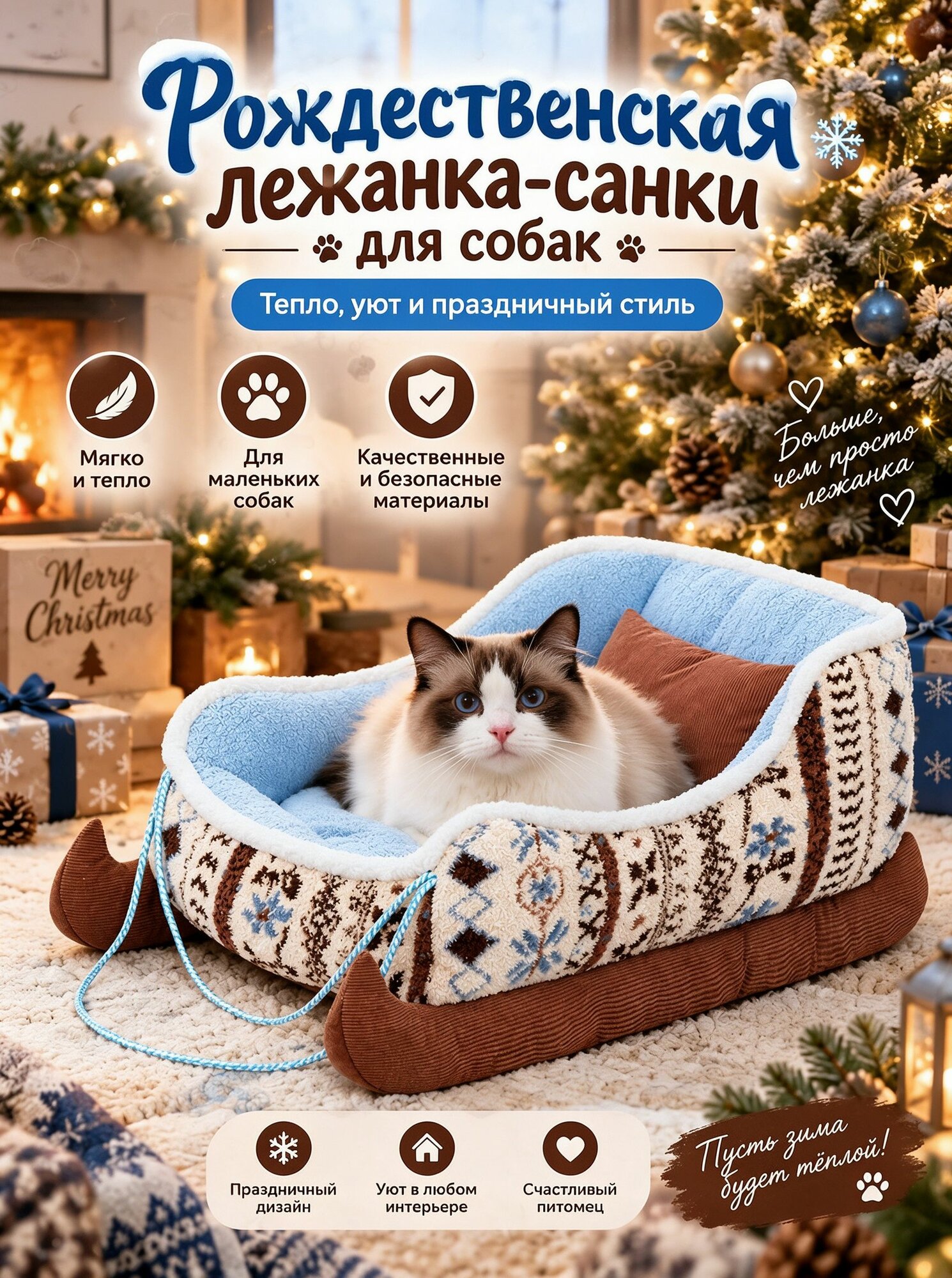 Лежанка для собак и кошек с бортами, мягкая зимняя, 51*38 cm