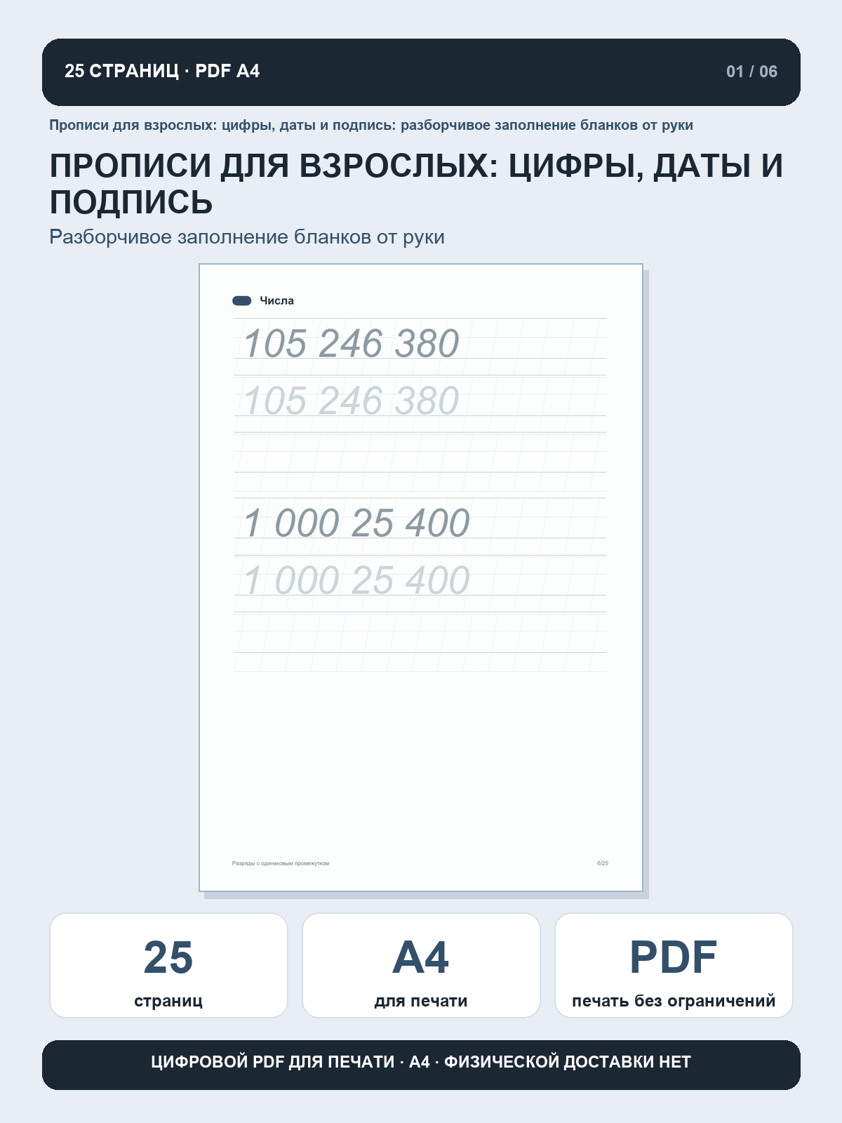 Прописи для взрослых: цифры, даты и подпись: разборчивое заполнение бланков от руки, цифровая книга PDF A4, 25 страниц