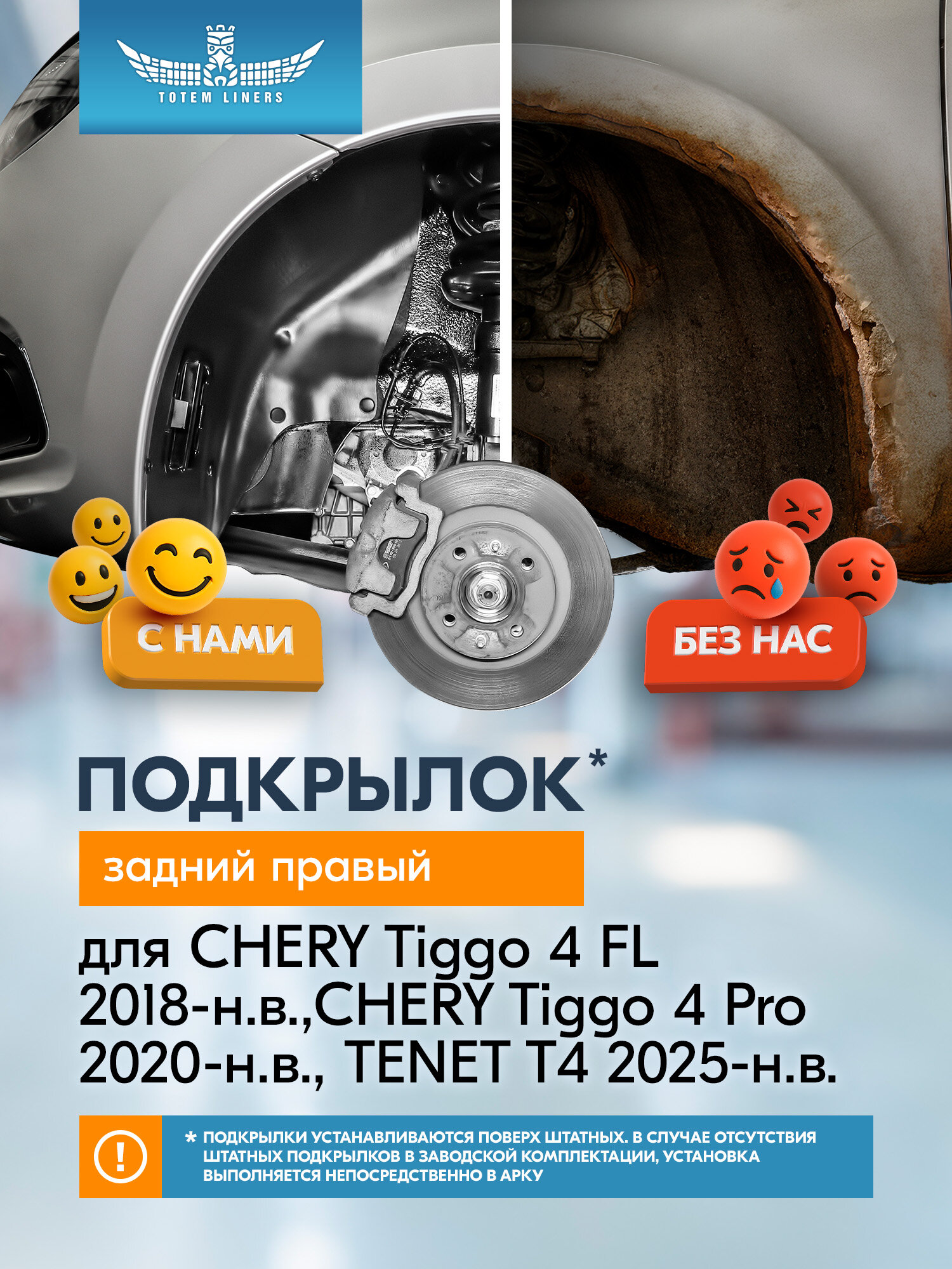 Подкрылок для CHERY Tiggo 4 FL 2018 -н. в, CHERY Tiggo 4 Pro 2020 -н. в, TENET T4 2025- н. в. Totem Liners, задний правый, 1 шт.
