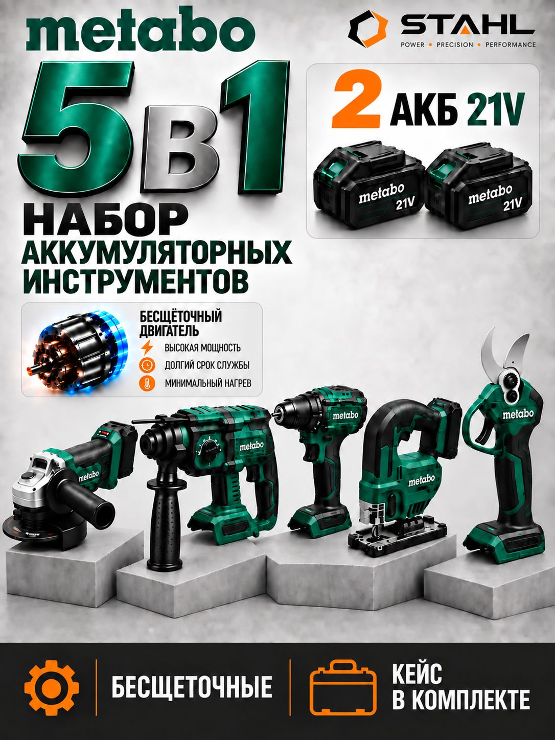 Набор аккумуляторных инструментов metabo 5в1 лобзик шуруповерт перфоратор болгарка сучкорез