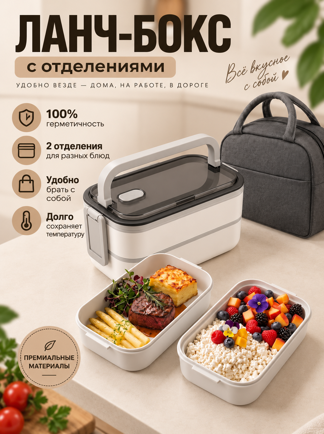 Ланч бокс для еды с отделениями, 1400 мл, ланчбокс с сумкой, нержавеющая сталь
