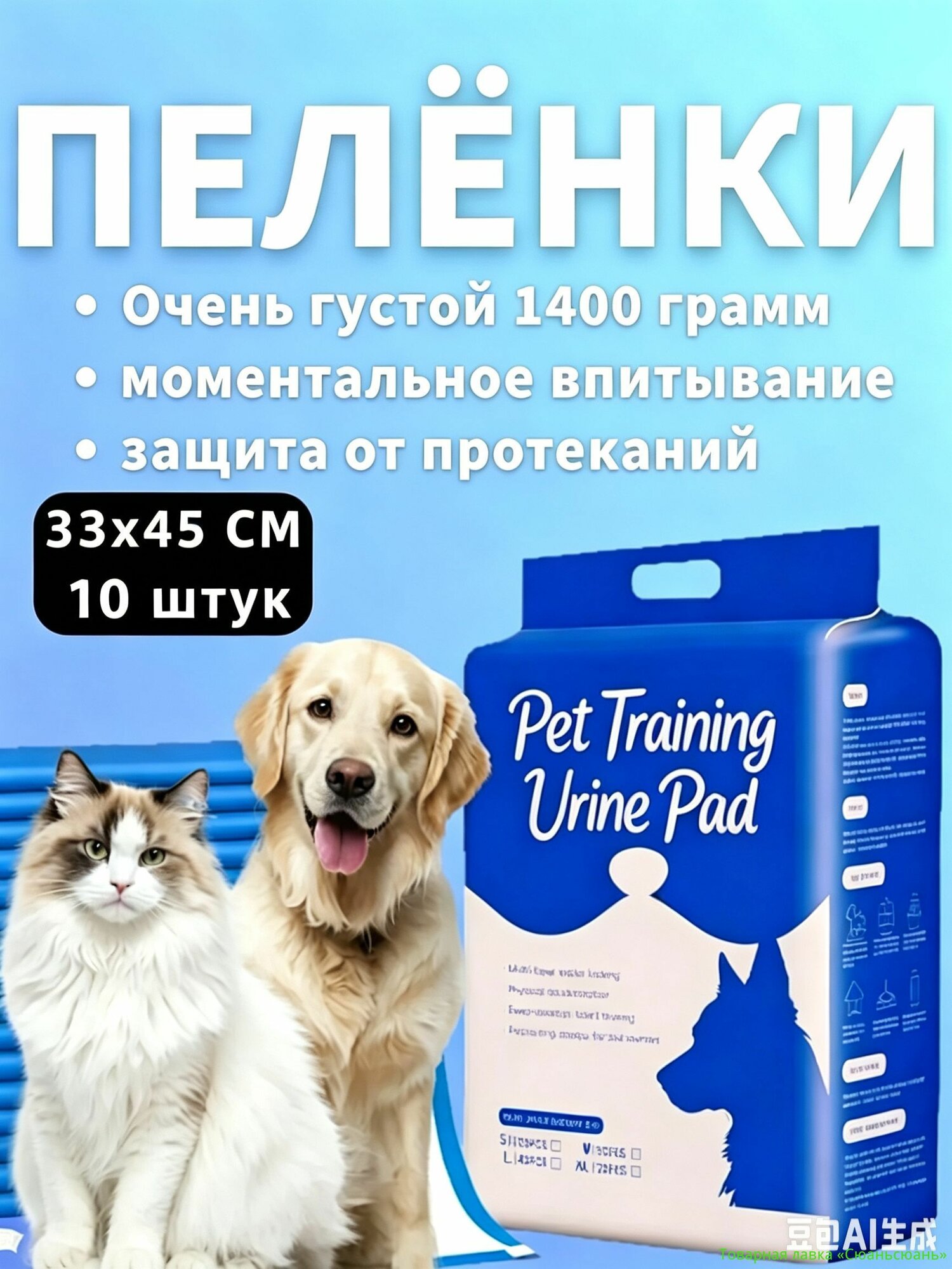 Пеленки очень толстый для кошки и собаки 33 на 45. Пеленки одноразовые 10штук, 140 грамм