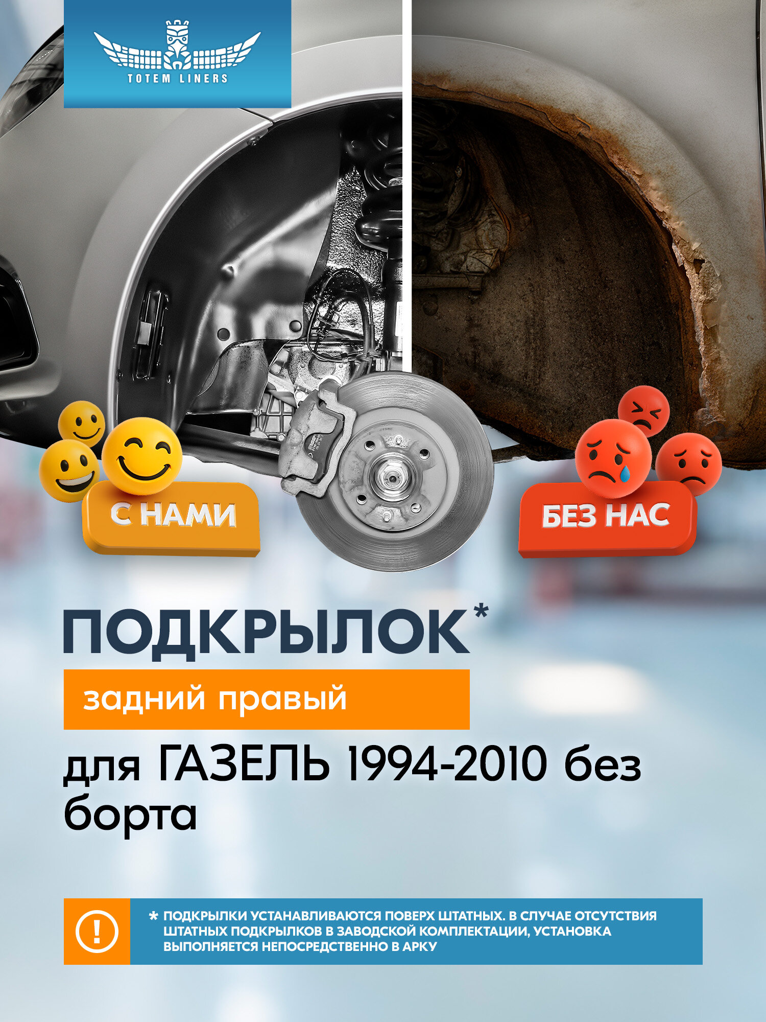 Подкрылок для газель 1994-2010 без борта Totem Liners задний правый 1 шт.