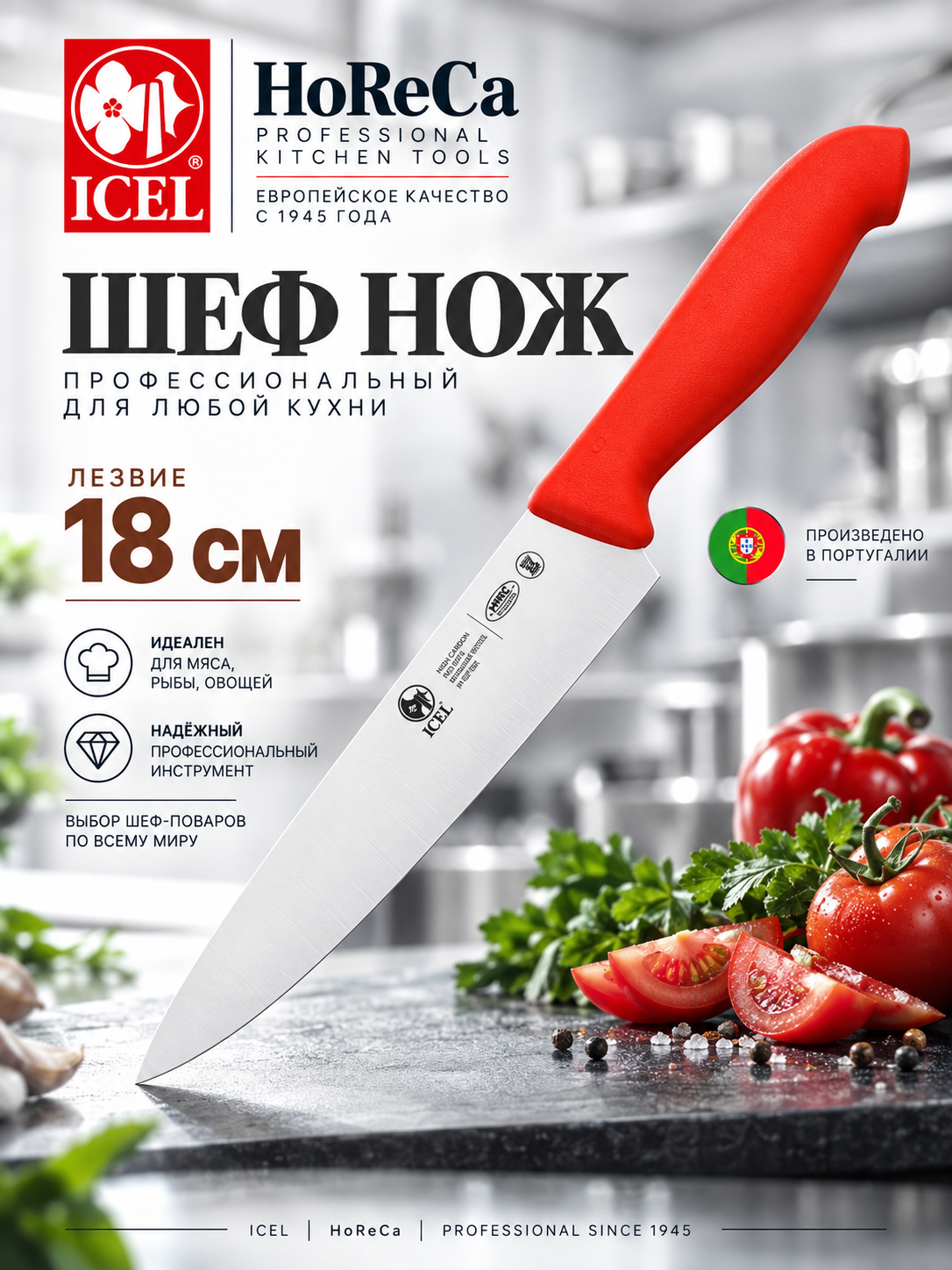 Нож поварской 180/310 мм. Шеф красный, ICEL HoReCa, нержавеющая сталь