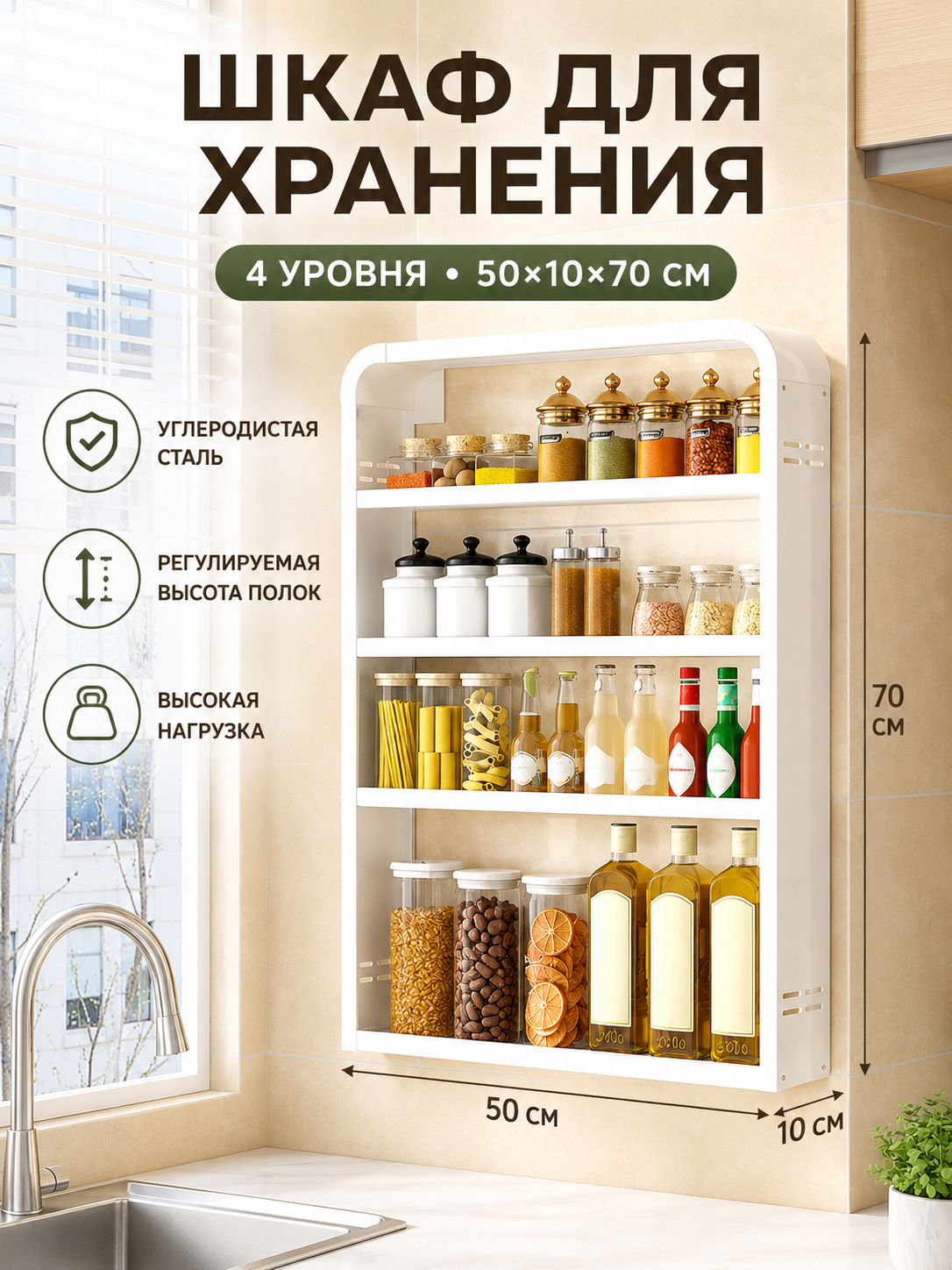 Шкаф для хранения с высокой нагрузкой для кухни, белый, две полки с регулируемой высотой, настенная установка