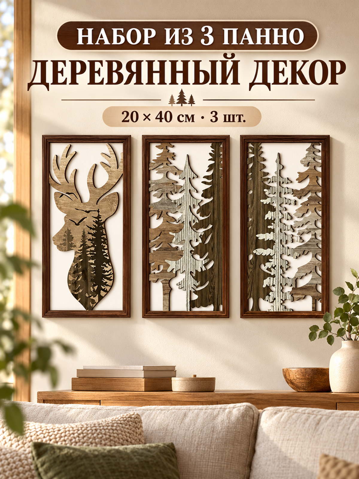 Внутренние панели стен в современном стиле, комплект из трёх штук, деревянные