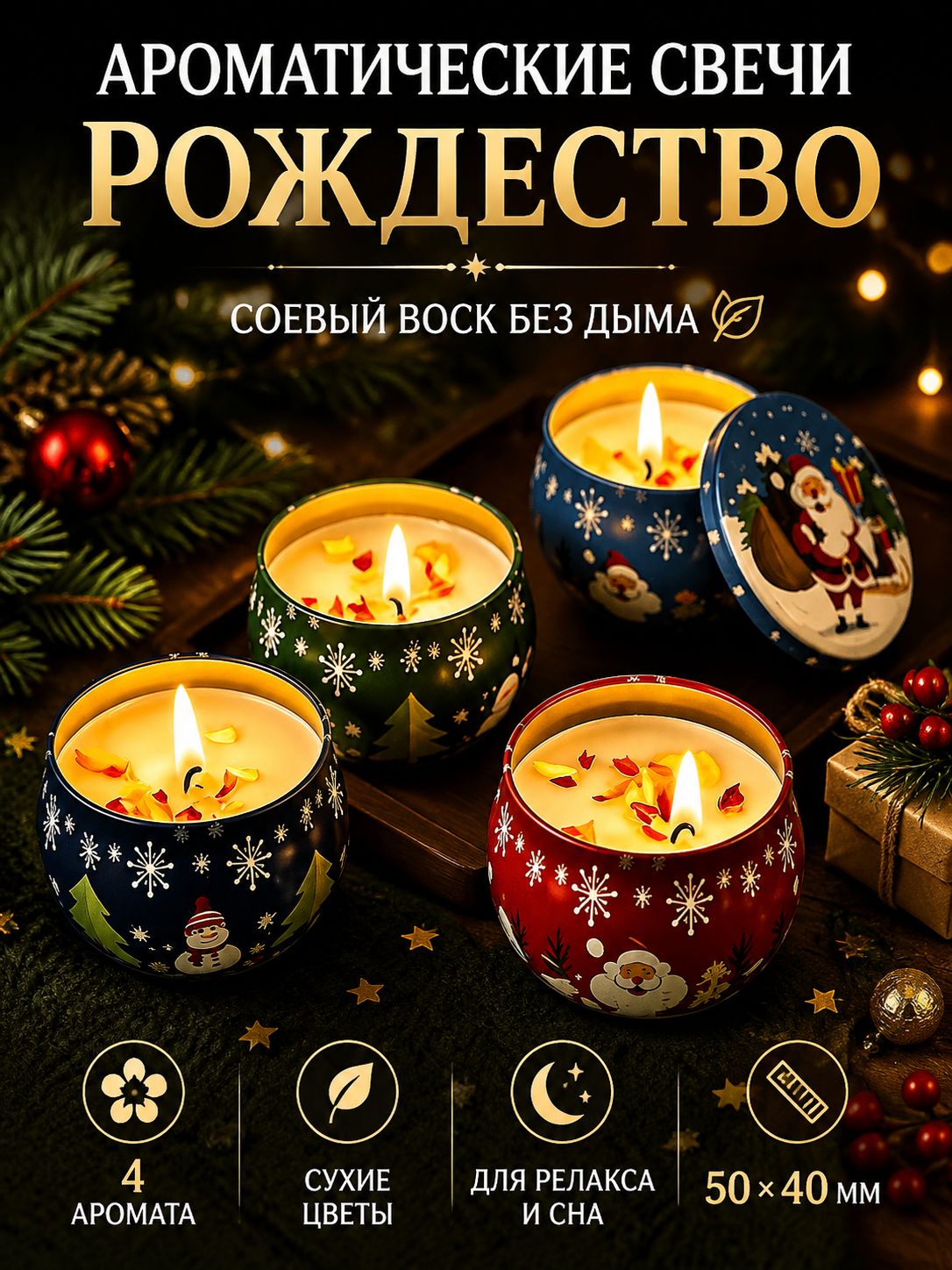 Свеча "Ароматические свечи 4 шт набор в стакане для дома, декоративный декор, подарок" 4 см х 5 см 4 шт