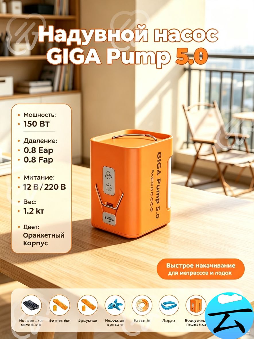 Насос GIGA PUMP 5.0 3-в-1 аккумуляторный, портативный для матрасов и лодок