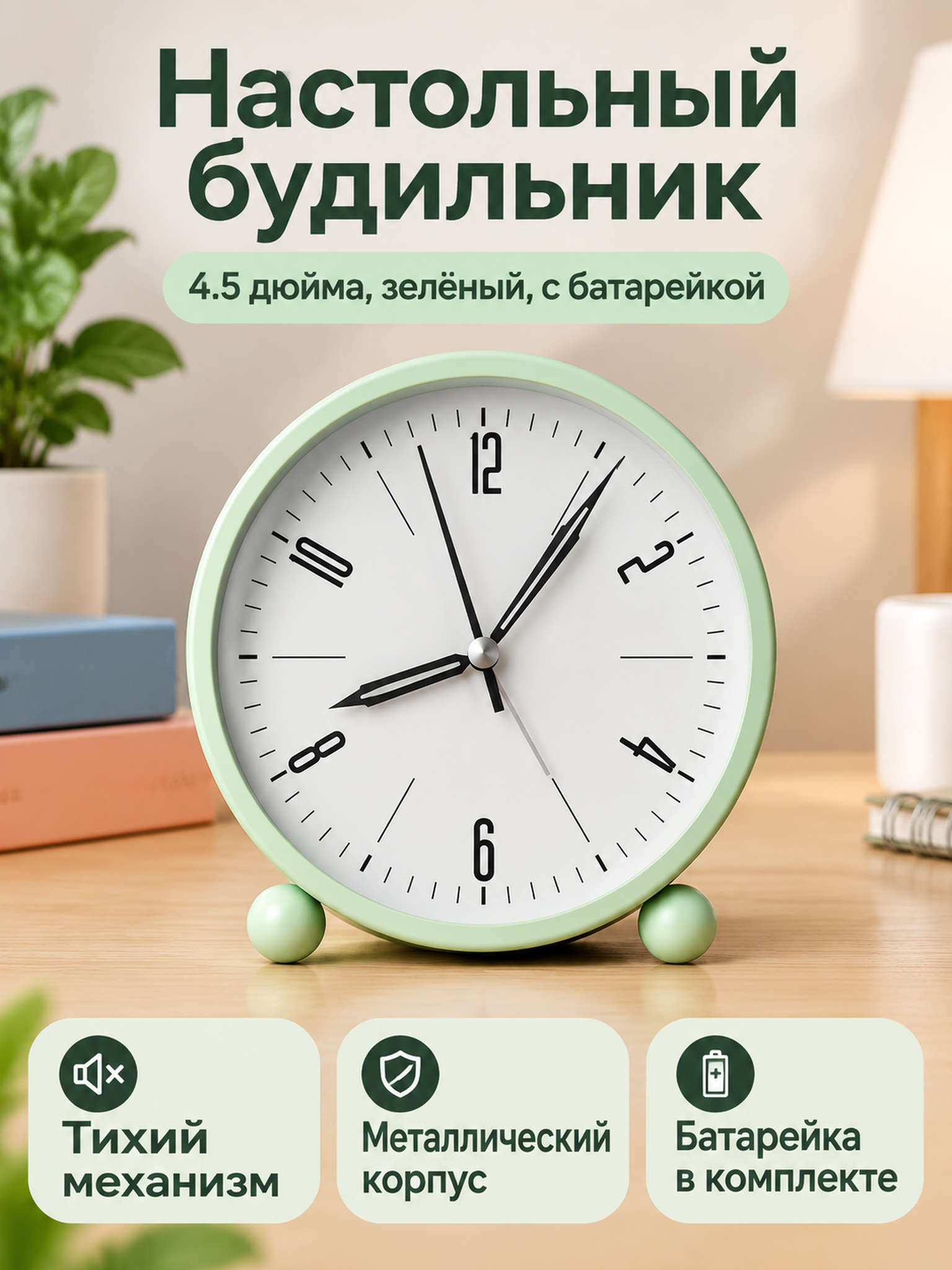 Настольные часы с тихим ходом, 4.5 дюйма, зеленый цвет, с батарейкой