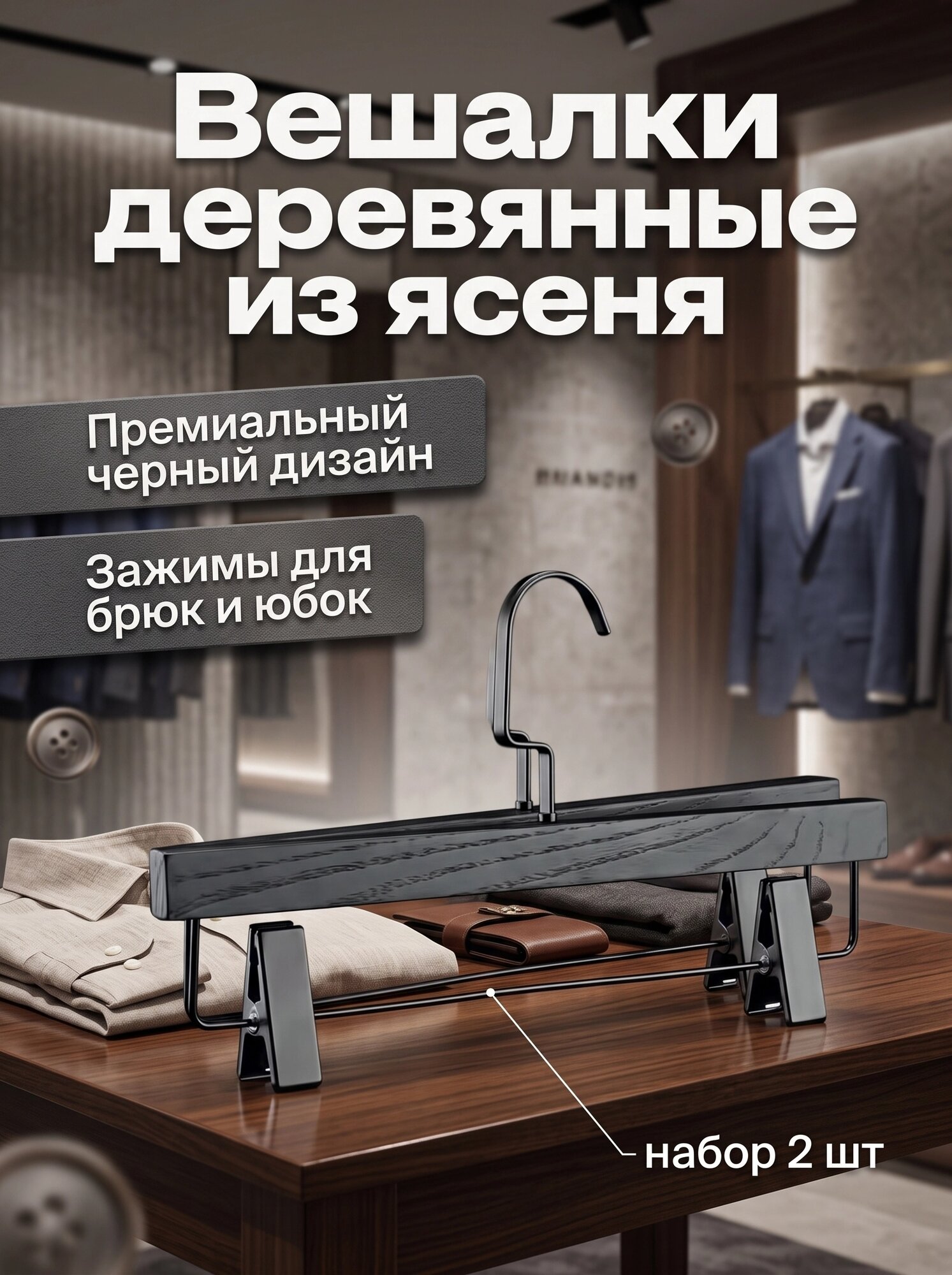 Деревянные вешалки для брюк и юбок, набор 2 шт