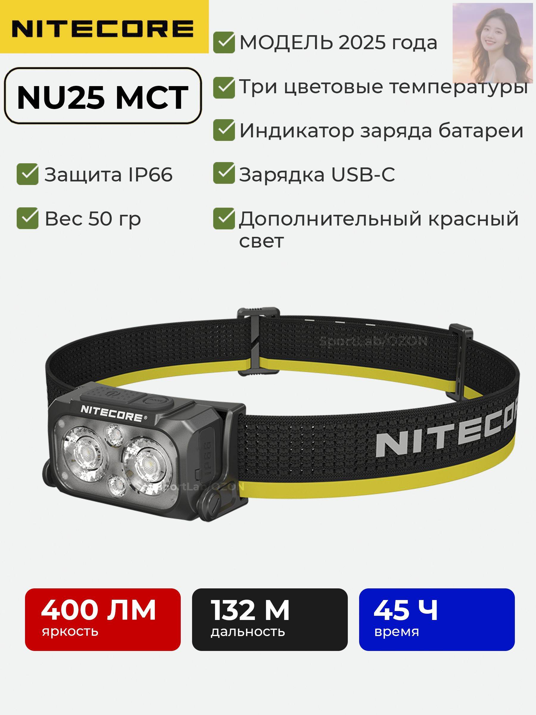 Налобный фонарь NU25 MCT (2025) 400 LM, 45 часов, 132 метра
