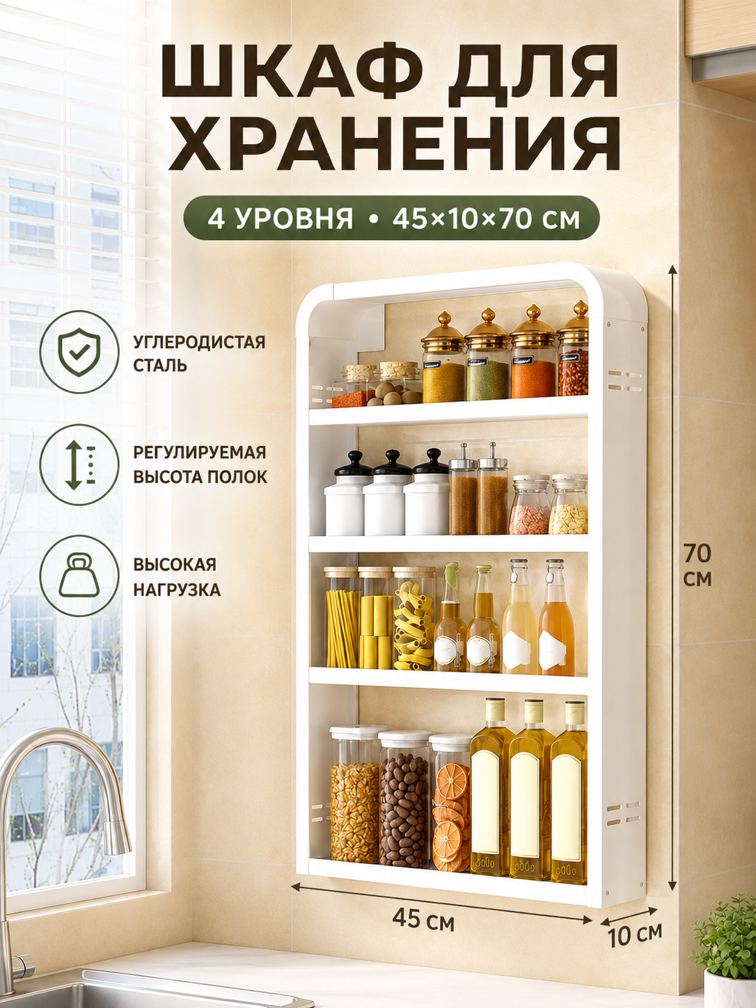 Шкаф для хранения с высокой нагрузкой для кухни, белый, две полки с регулируемой высотой, настенная установка
