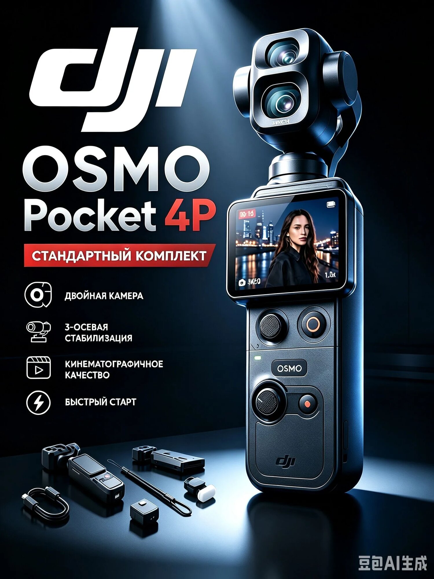 Экшн-камера DJI Osmo Pocket 4P Standard Combo, интеллектуальное отслеживание