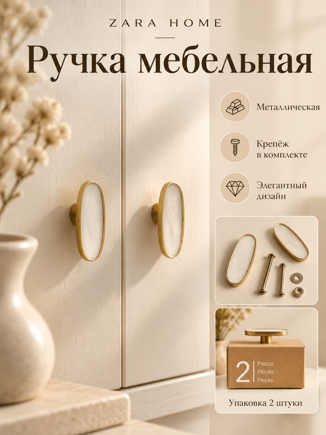 ZaraHome Овальный мраморный шкаф в европейском стиле с дверной ручкой из 2 частей, ручки zara home45385555303