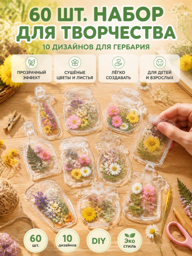Набор прозрачных наклеекзакладок для DIY, для сухоцветов и гербария, 60 штук, 10 узоров, для создания цветочных закладок