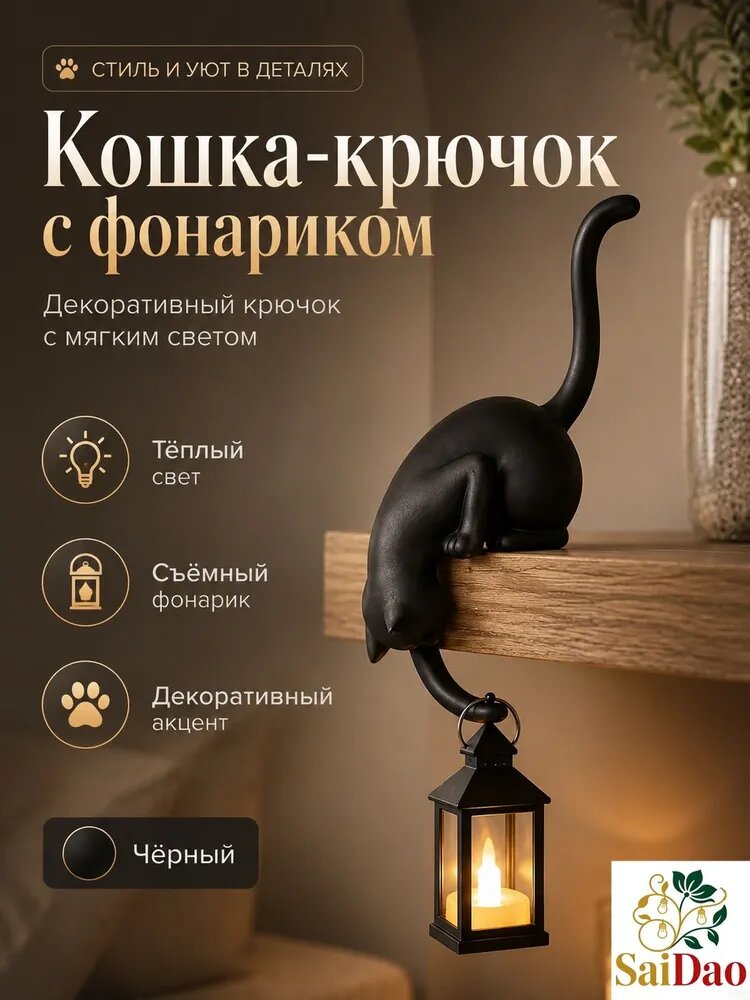 Декоративный интерьерный светильник в виде кошки с фонариком, декор для дома, тёплый белый свет, съёмный фонарик, чёрный, 1 шт