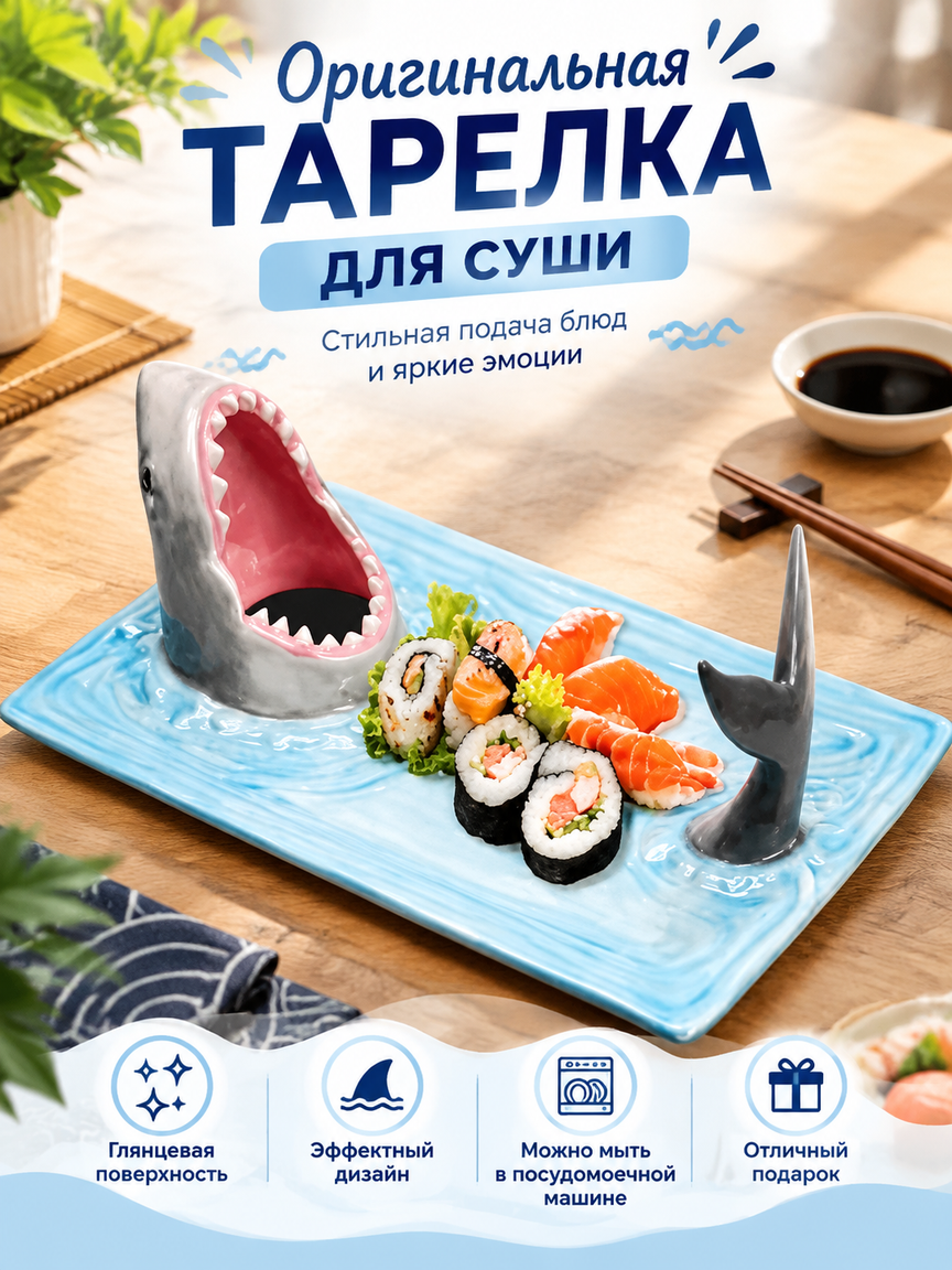 Оригинальная тарелка для суши в виде акулы, практичная посуда для роллов и креативный подарок