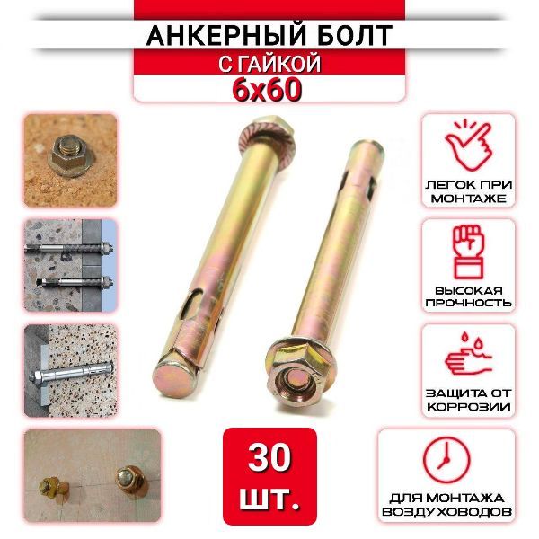 Анкерный болт с гайкой 6х60 мм, 30 шт.