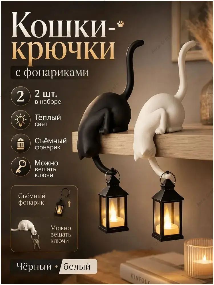 Настольная лампа-ночник Кошки-крючки с фонариками, декоративный светильник с тёплым светом, 2 шт, чёрный и белый
