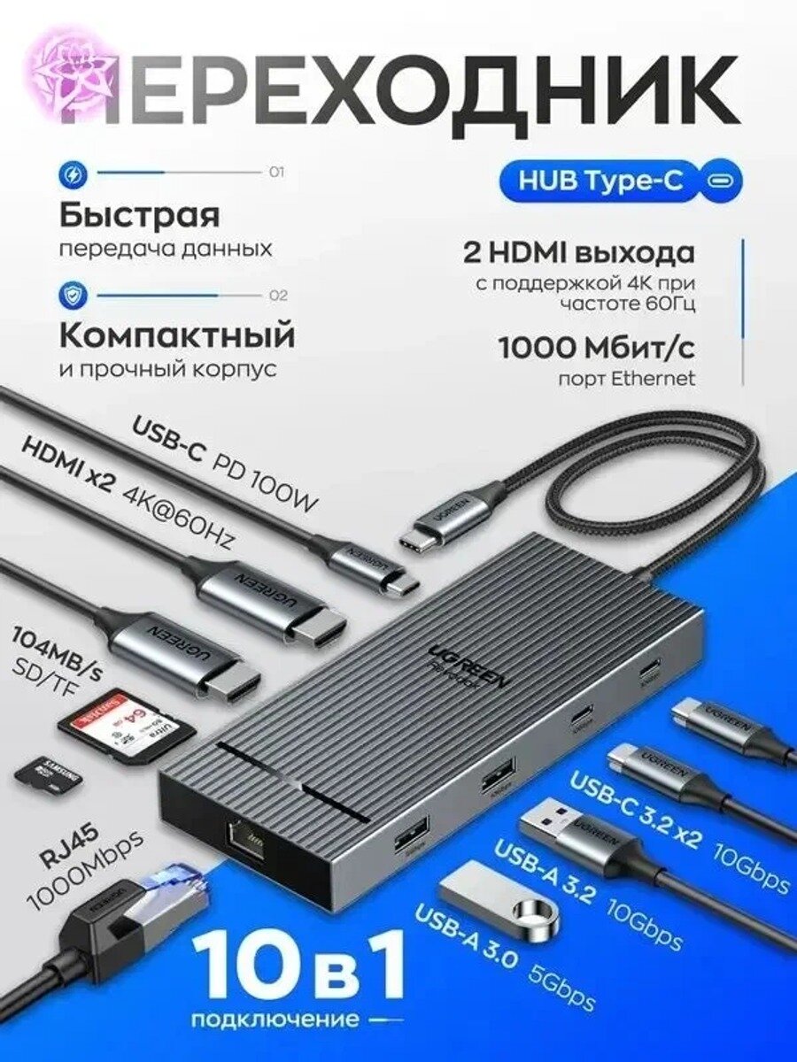 USB-концентратор (45366), 10 портов, HDMI, RJ-45, SD, металл