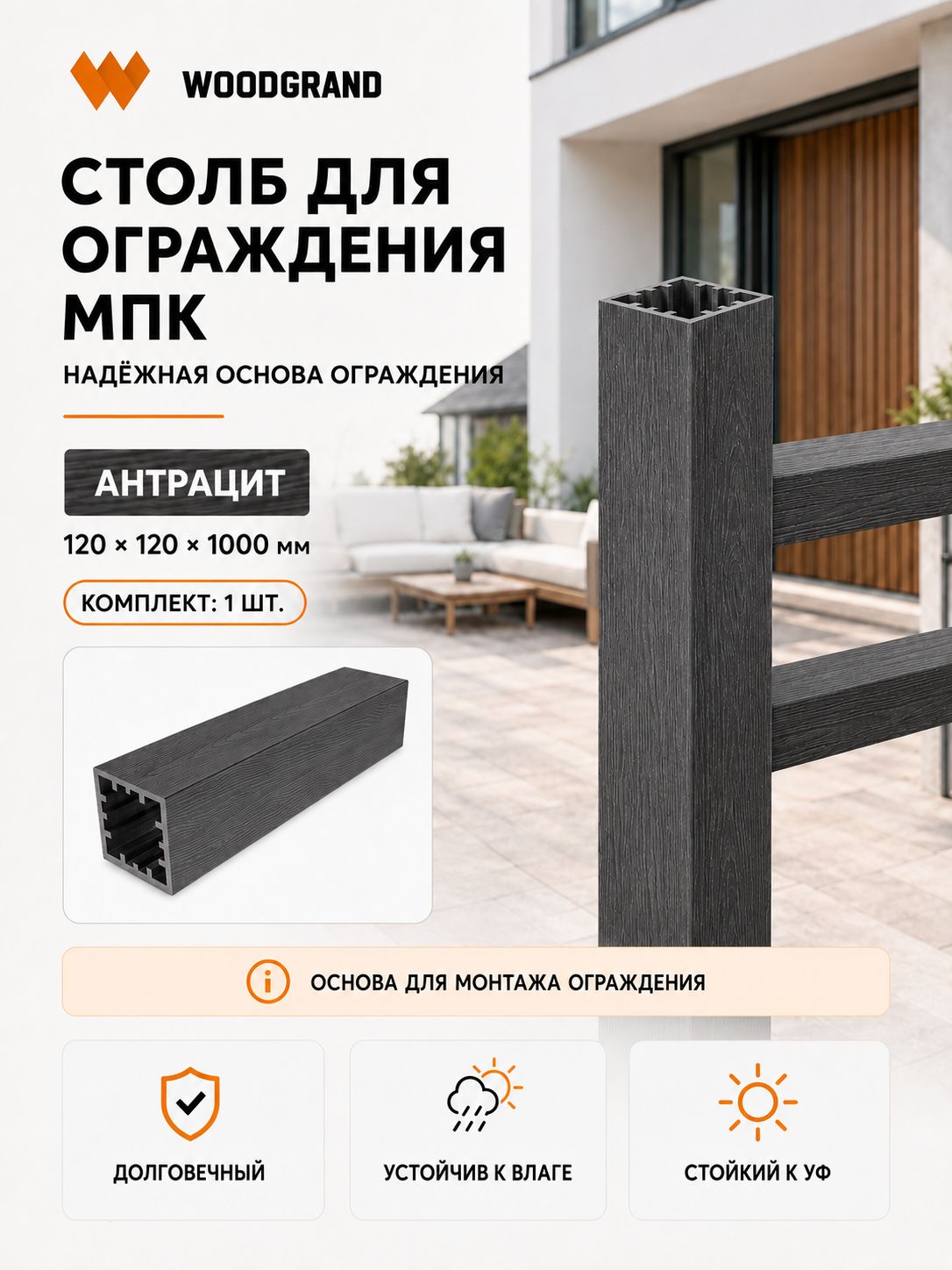 Столб для ограждения из МПК, Антрацит, 1 метр - 1 шт