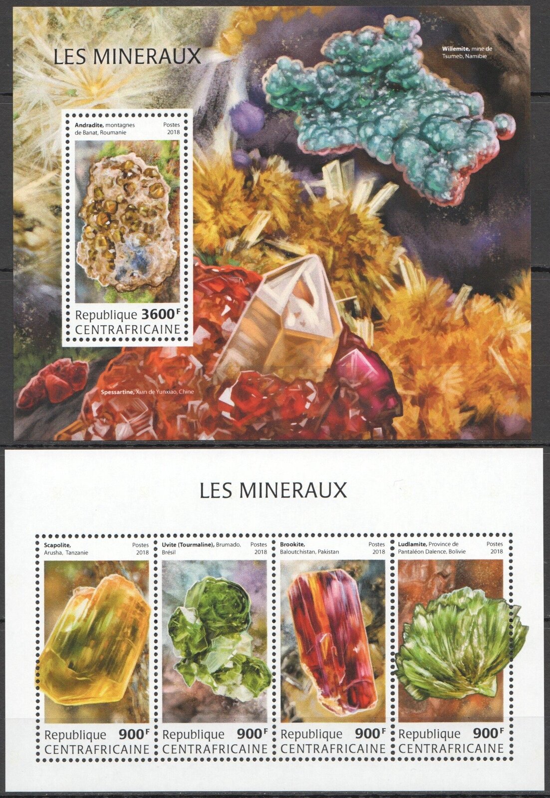 Марки 2018 год ЦАР Минералы Геология Кристаллы Природа #7927-0+Бл1784 MNH