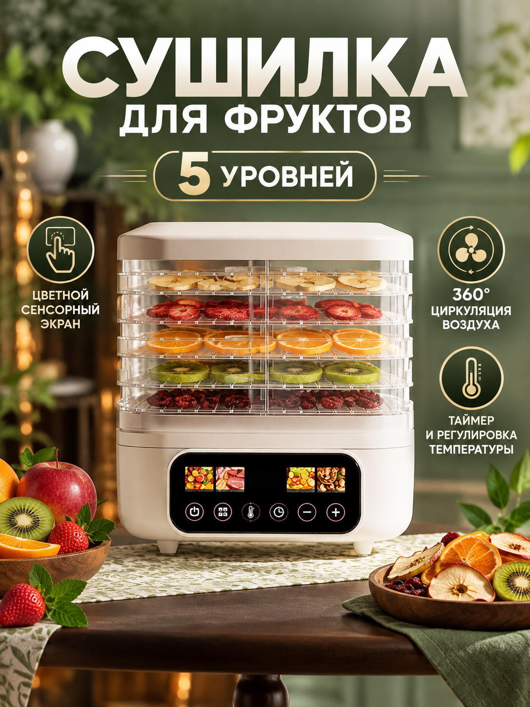 Сушилка для фруктов и овощей домашняя, 3 яруса сетчатых поддонов, цифровой дисплей