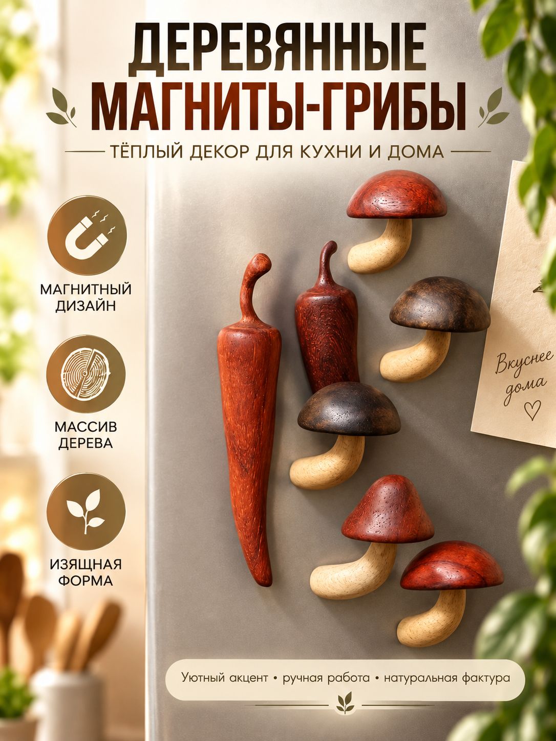 Деревянные магниты-грибы из массива дерева, магнитный дизайн, изящная форма для декора кухни и дома