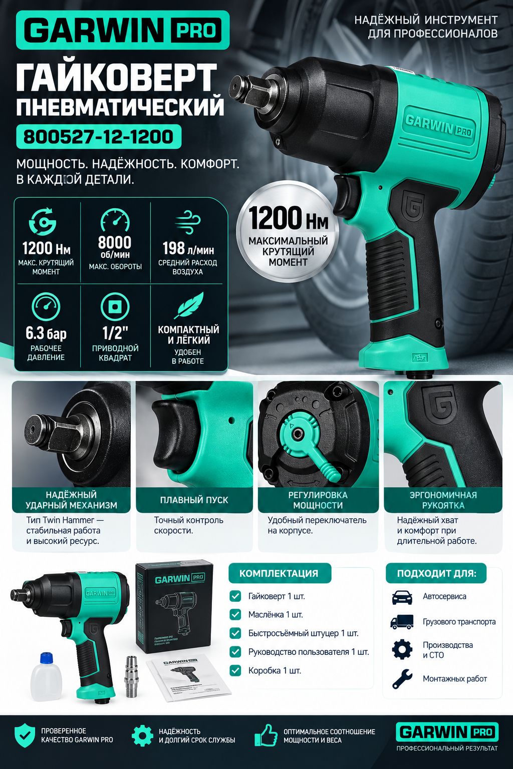 Гайковерт пневматический ударный 1/2" 1200 Нм (123 кГм), композитный GARWIN PRO 800527-12-1200