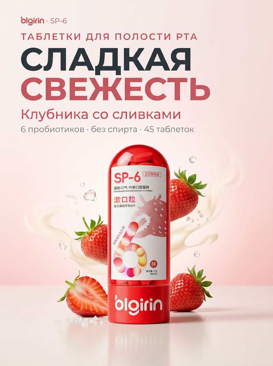 Таблетки для полости рта SP-6 blgirin жевательные, клубника со сливками, 6 пробиотиков, без спирта, 45 шт.